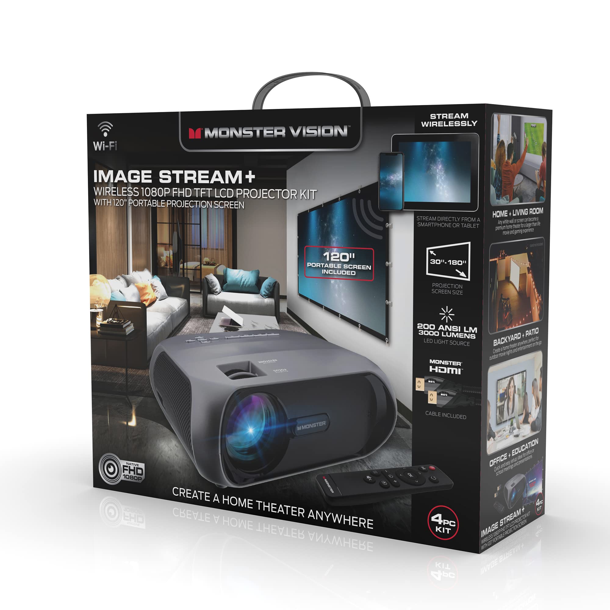 Monster Vision 1080P Image Stream Projector and 120” Portable Screen, 2500 Lumens, Universal Video/Audio/Photo Format Support, Wireless Device Mirroring, Stream Videos/Photos from Android/iOS Devices