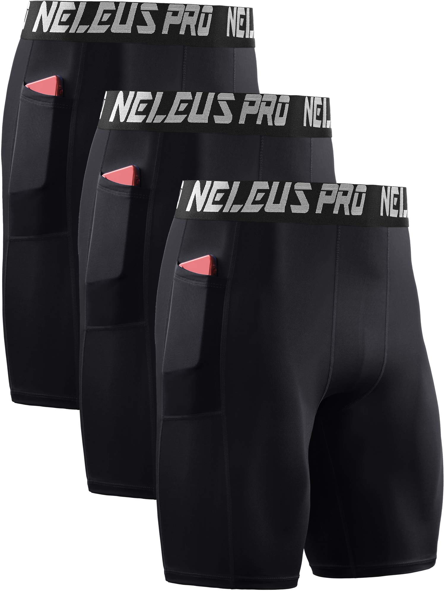 NELEUS Men's 3 Pack Compression Shorts with Pockets Dry Fit Yoga Running Shorts,6063,Black/Blue/Red,US M,EU L