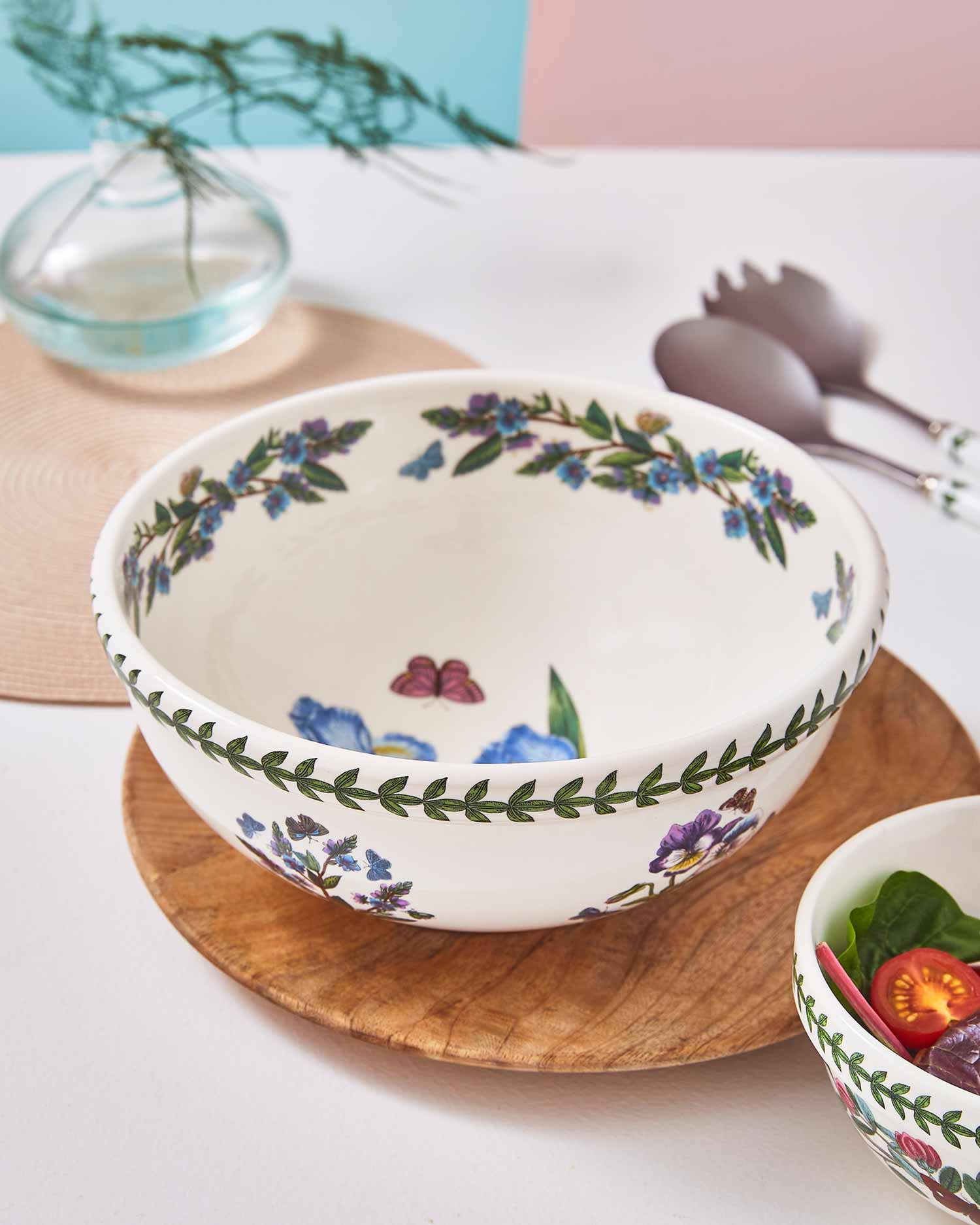 Portmeirion Botanic Garden Salad Bowl | 9 Inch Serving Bowl with Assorted Motifs | Made in England from Fine Earthenware | Microwave and Dishwasher Safe