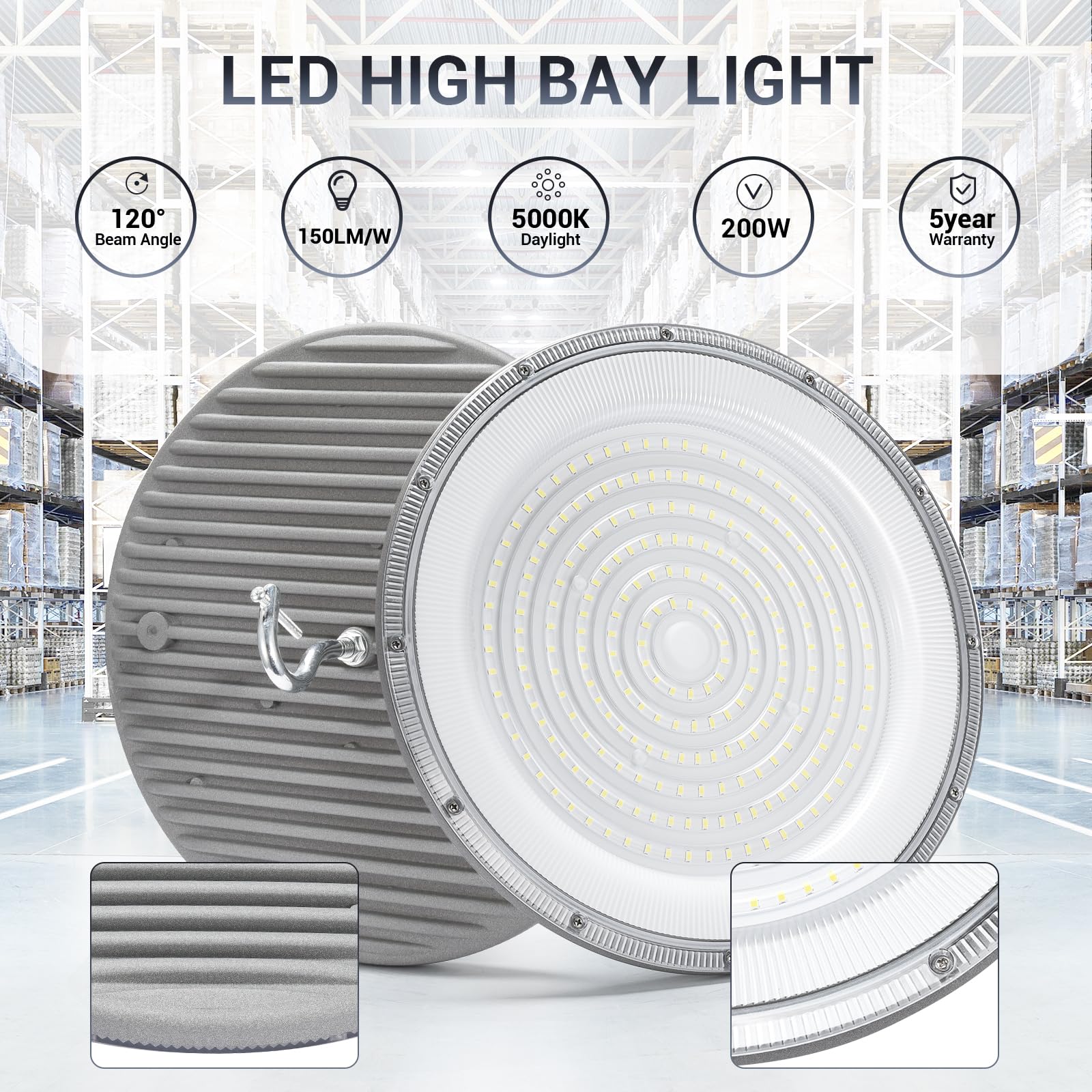XYCN 10 Pack 200W UFO Led High Bay Light,120VAC,5000K Daylight Commercial Bay Lighting,IP66 Waterproof,30500LM,850W MH/HPS with Plug Area Lighting for Warehouse/Shop/Workshop/Garage/Barn/Gym/Factory