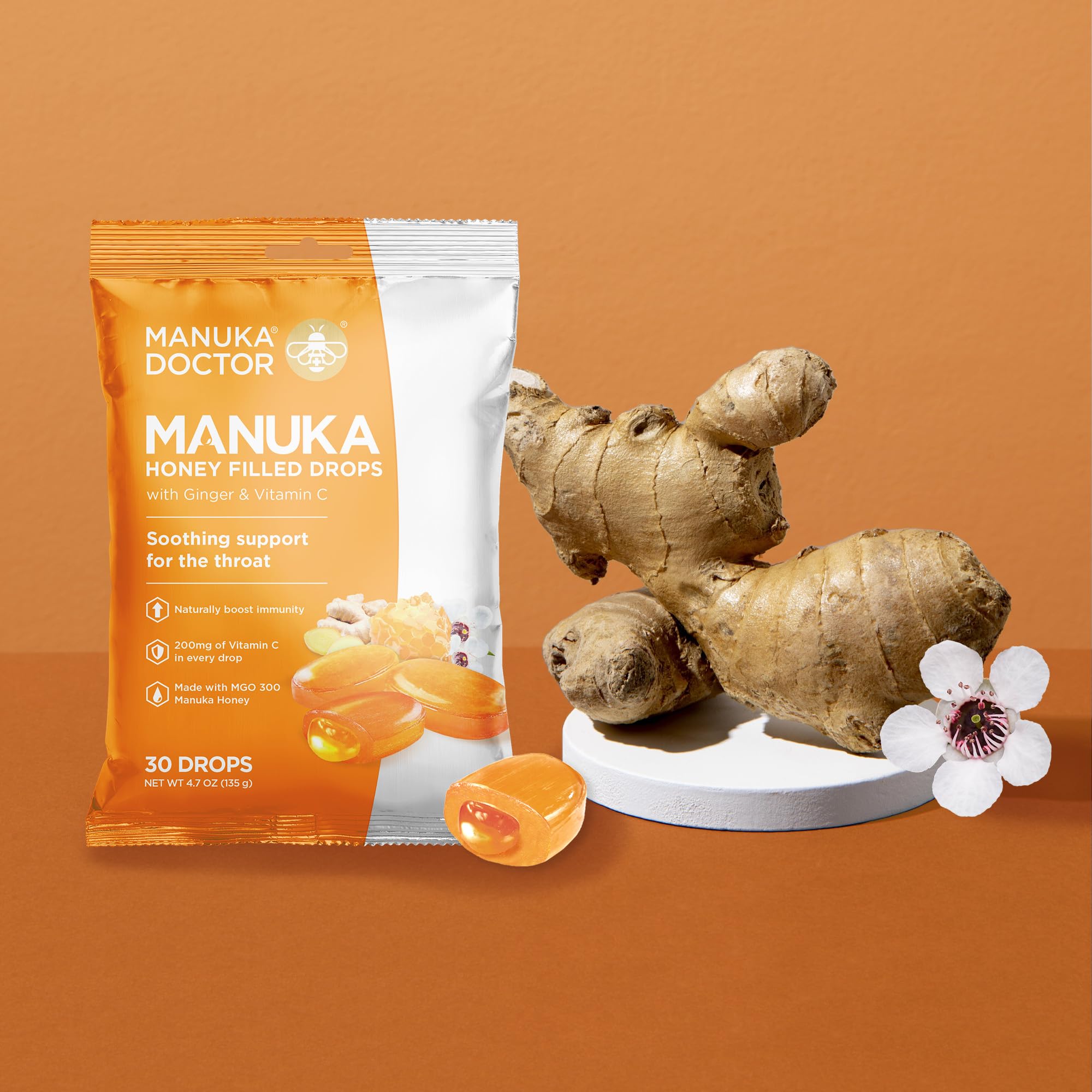 Manuka Doctor Cough Drops, Manuka Middles, 30 Count Honey Filled Lozenges with Vitamin C and Ginger to Help Support the Immune System, Soothing for Dry, Sore Throat, 4.7 oz