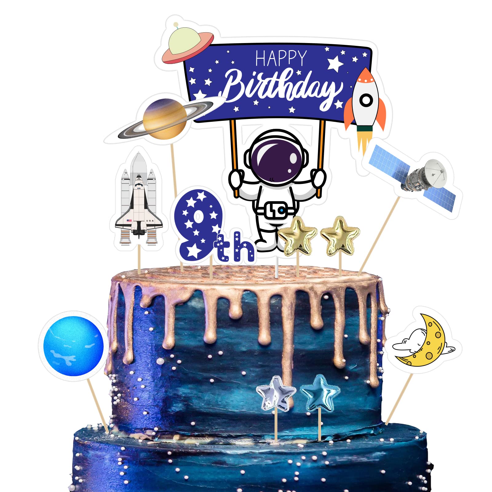 Space 9th Happy Birthday Cake Topper for Boy Girl space jam Galaxy Solar System Space Man Party Decorations Glitter Rocket Planet Astronaut Cupcake Toppers