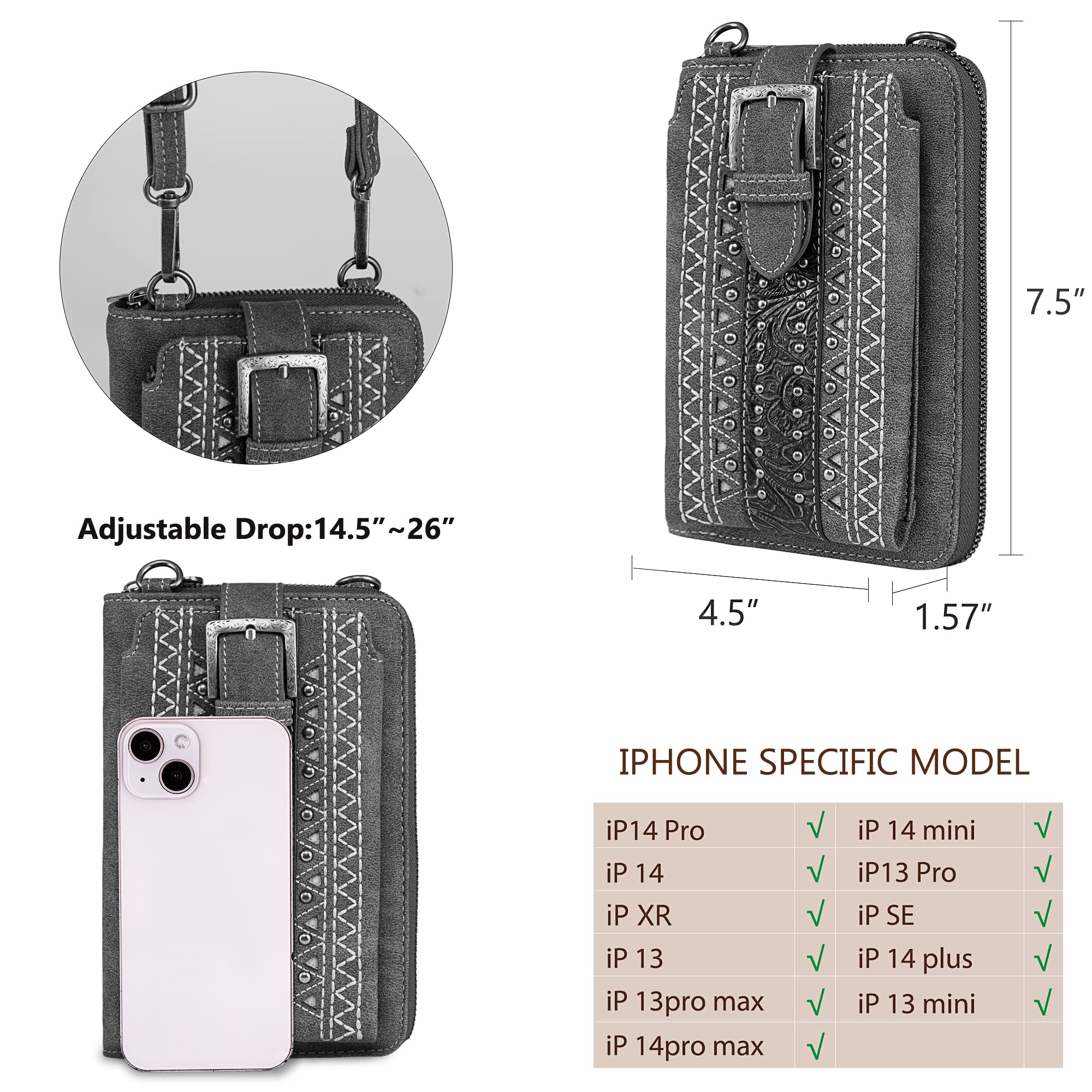 Montana West Crossbody Cell Phone Purse For Women Western Style Cellphone Wallet Bag Travel Size With Strap PHD-2002GY