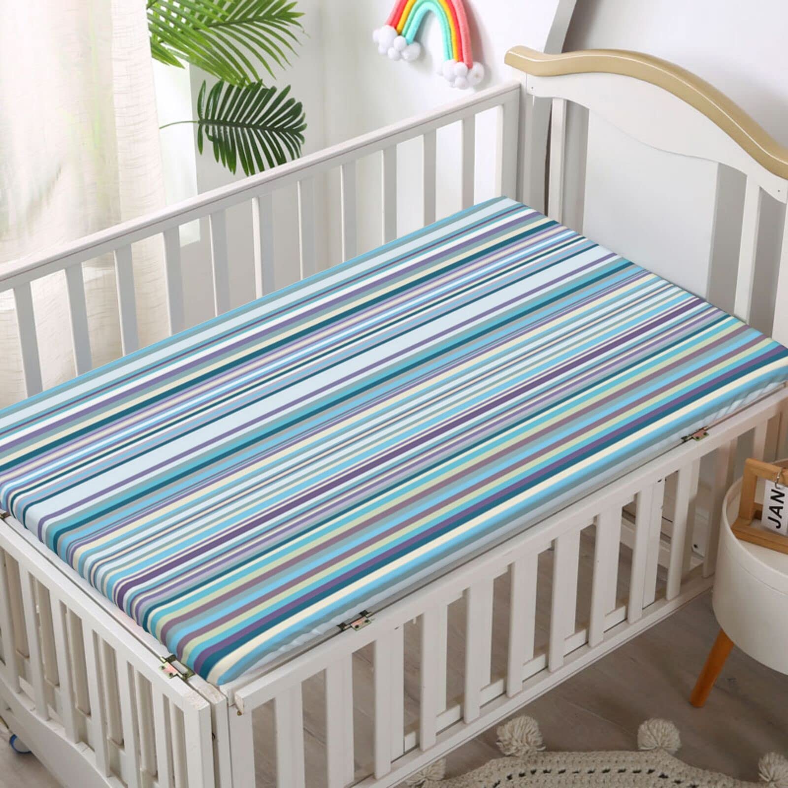 Striped Themed Fitted Mini Crib Sheets,Portable Mini Crib Sheets Soft Toddler Mattress Sheet Fitted-Crib Mattress Sheet or Toddler Bed Sheet,24β x38β,Blue Lavender Cream