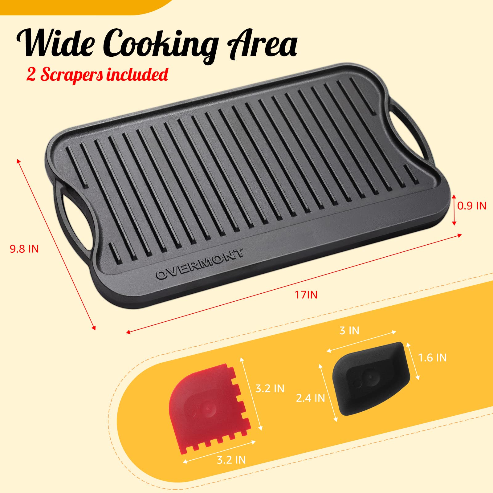 Overmont Pre-seasoned 17x9.8" Cast Iron Reversible Griddle Grill Pan with handles for Gas Stovetop Open Fire Oven, One tray, Scrapers Included