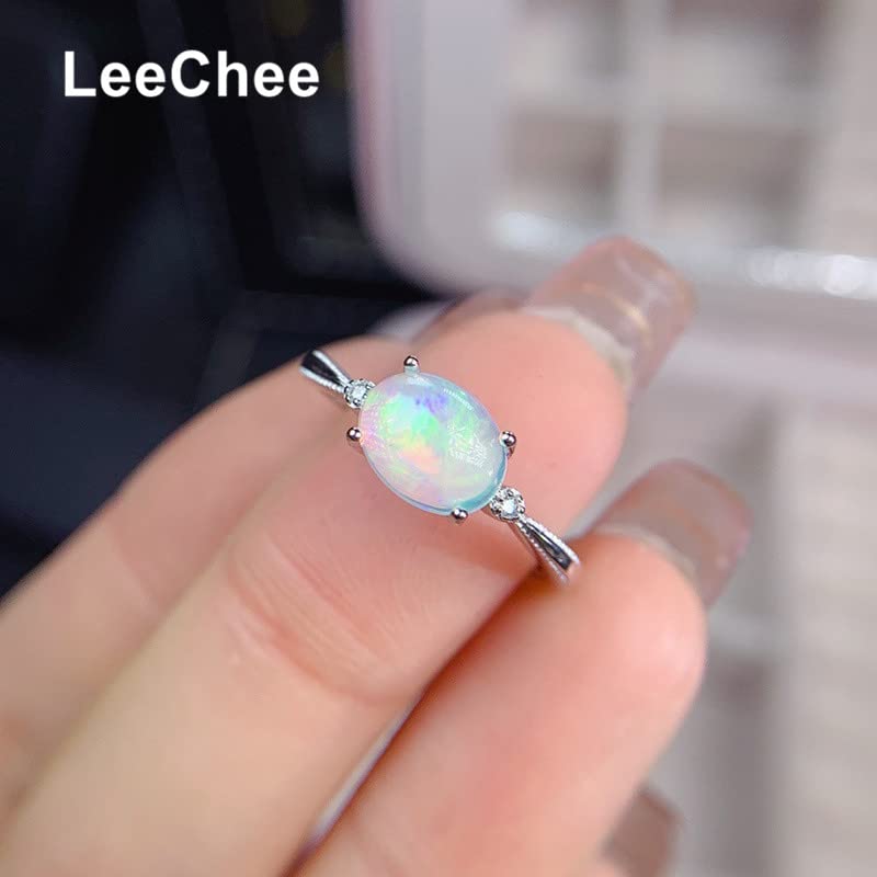 Real Opal Ring 6x8MM Natural Colorful Gemstone Fine Jewelry 925 Sterling Silver for Women Anniversary Party Gift Simple Design