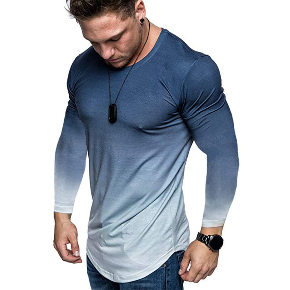 Pejihota Mens Muscle Gym Athleisure Fitted T-Shirt Crew Neck Long Sleeve Gradient Tee Top Blue