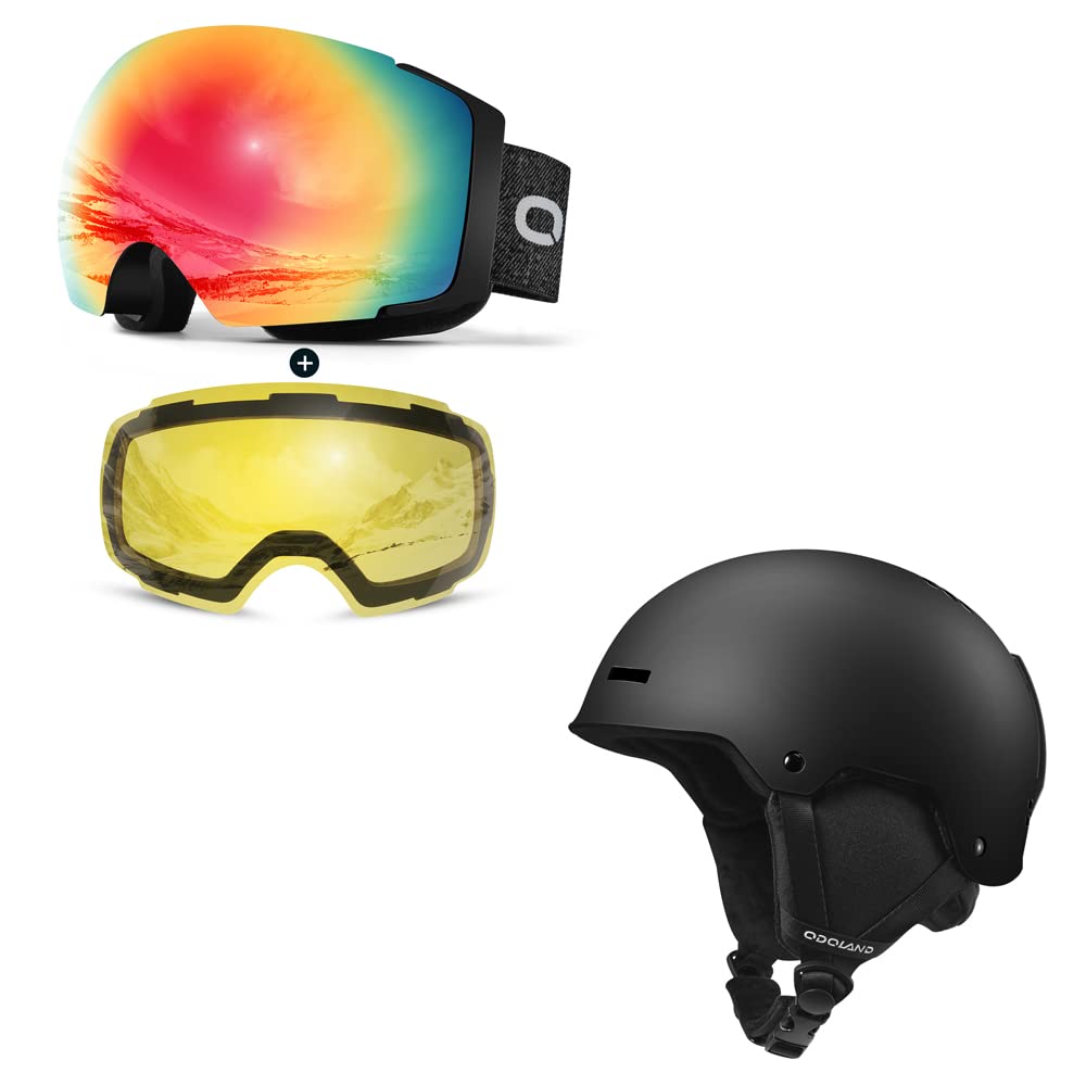 Odoland Bundle - 2 Items Magnetic Interchangeable Ski Goggles with 2 Lens and Ski Helmet, Snowboard Helmet for Men, Women and Youth