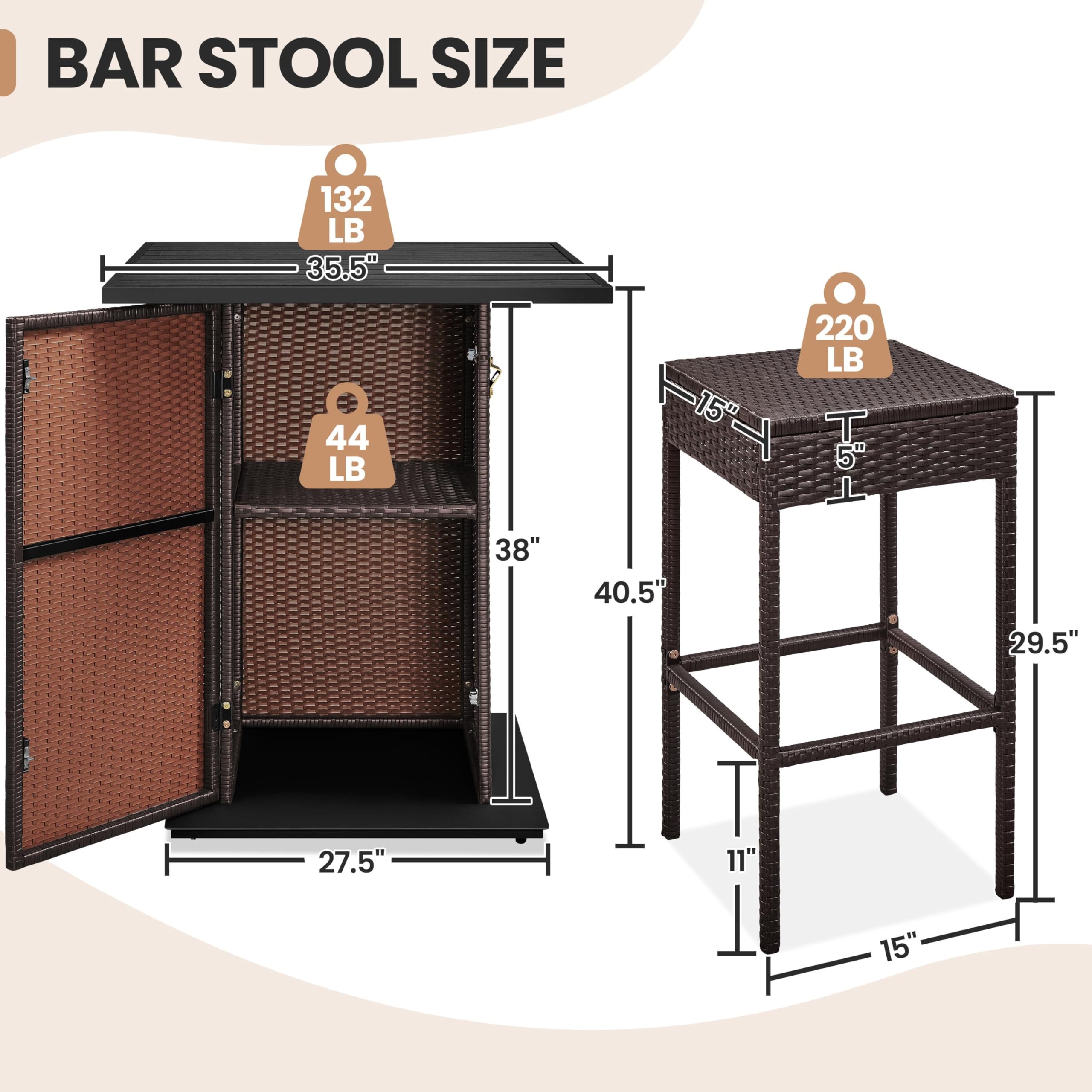 Yaheetech 5 Piece Rattan Bar Set, Outdoor Wicker Set 1 Bistro Table & 4 Stools - PE Patio Rattan Table w/Closed Storage Cabinet & Built-in Bottle Opener, and 4 Square PE Rattan Bar Stools