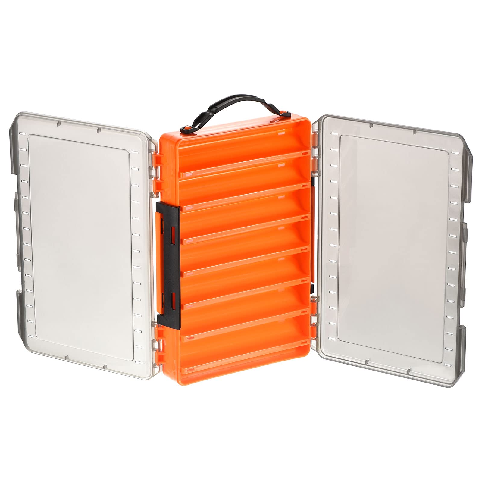PATIKIL Double-Sided Fishing Tackle Box, 14 Compartments Plastic Fish Bait Lure Storage Container, Orange