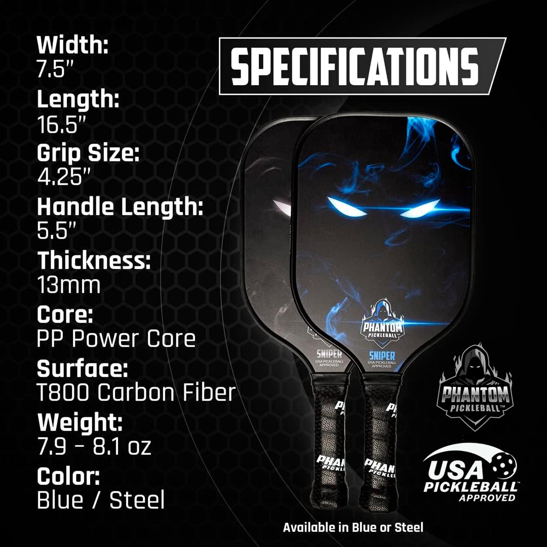 Phantom Sniper 13mm Carbon Fiber Elongated Body Pickleball Paddles - Max Grit and Spin - USAPA Approved β Pickleball Rackets - Pickle-Ball Equipment with Polypropylene Core β Lightweight (Steel)