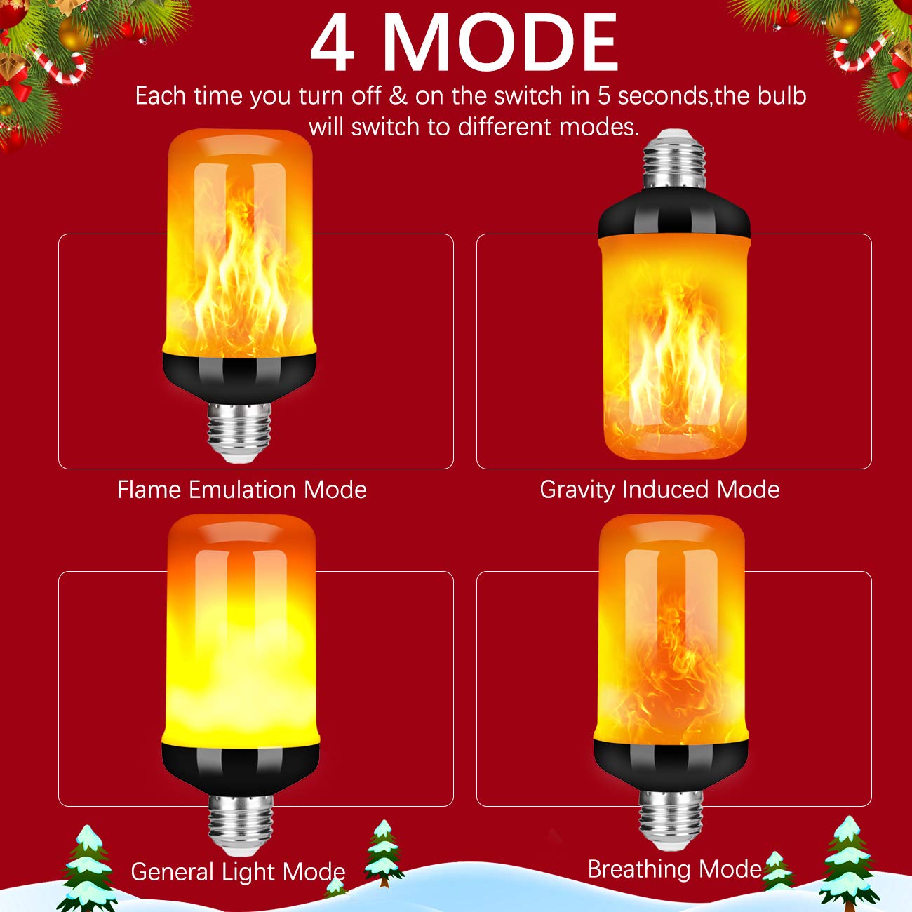 LED Flame Effect Fire Light Bulb - Upgraded 4 Modes Flickering Fire Halloween Lights Decorations - E26 Base Flame Bulb with Upside Down Effect (Black 4 Pack)