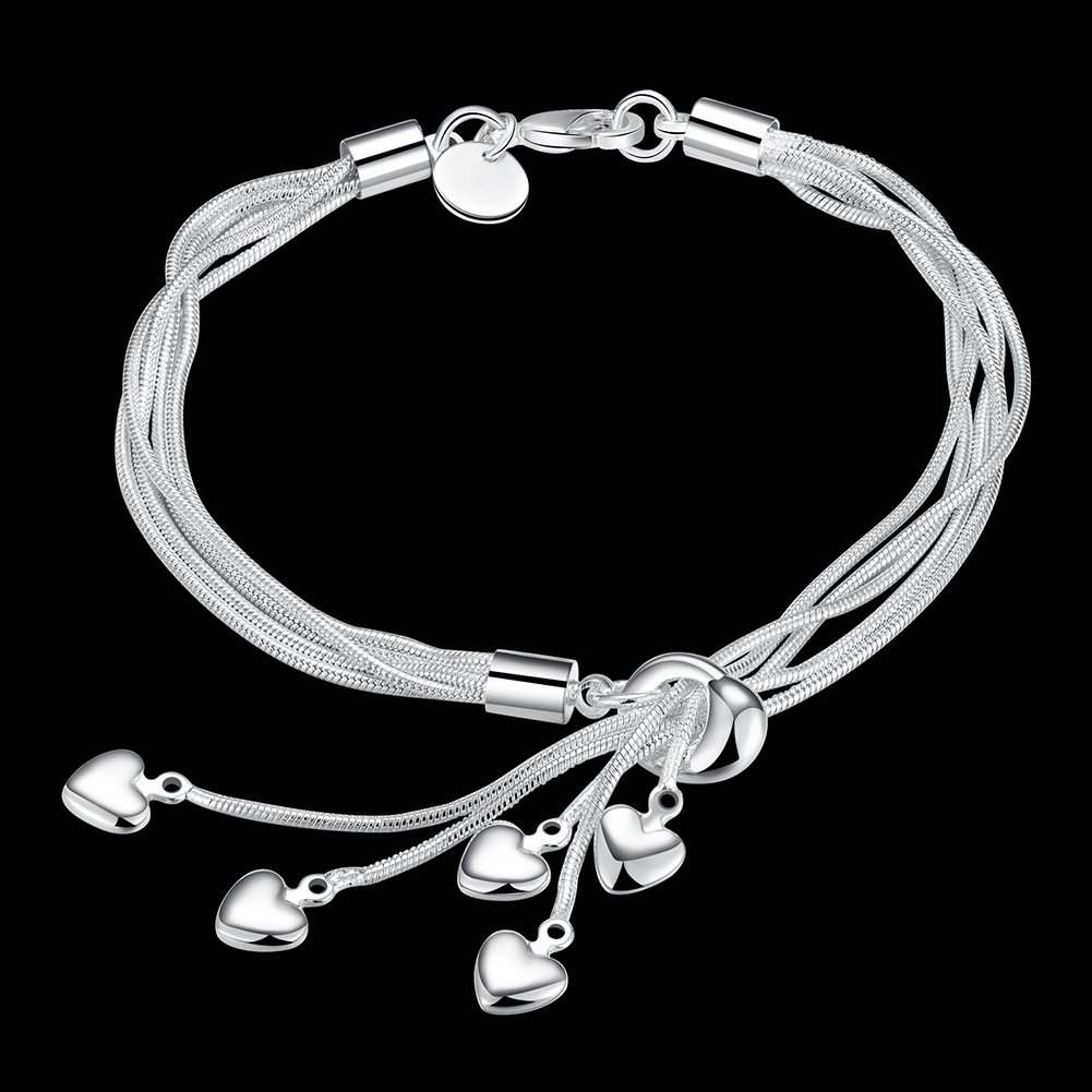 Lingduan Romantic 925 sterling Silver Multiple Hearts Link Chain Bracelet Plated Infinity Endless Love Symbol Charm Adjustable Bracelet for Woman