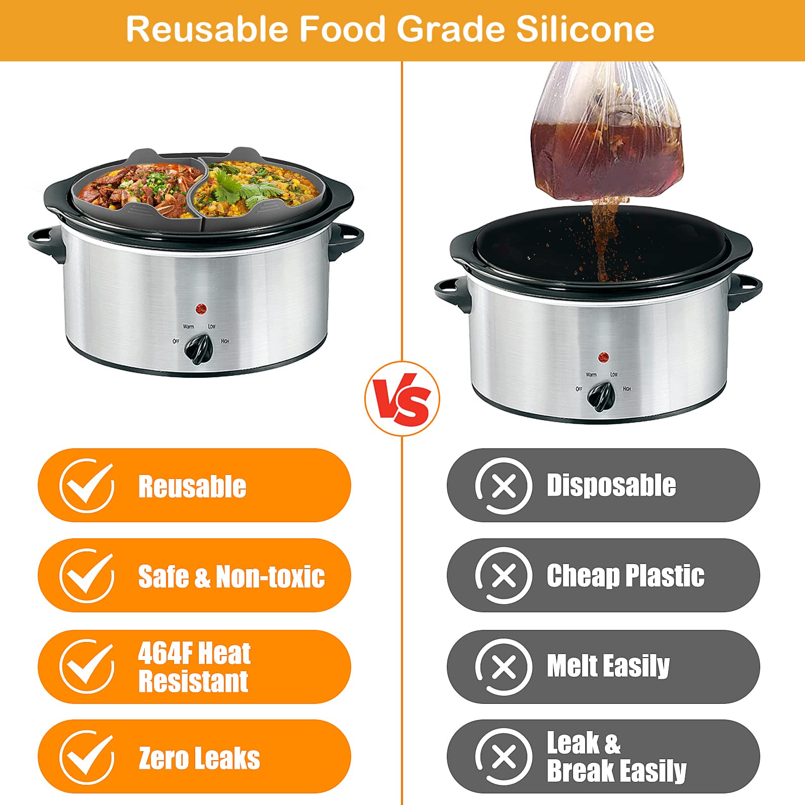 Slow Cooker Divider Liner for 6 QT Crockpot, Food Grade Silicone Reusable Leakproof Crockpot Divider, NON BPA Dishwasher Safe Slow Cooker Liner for 6 Quart Pot (2 Compartments)