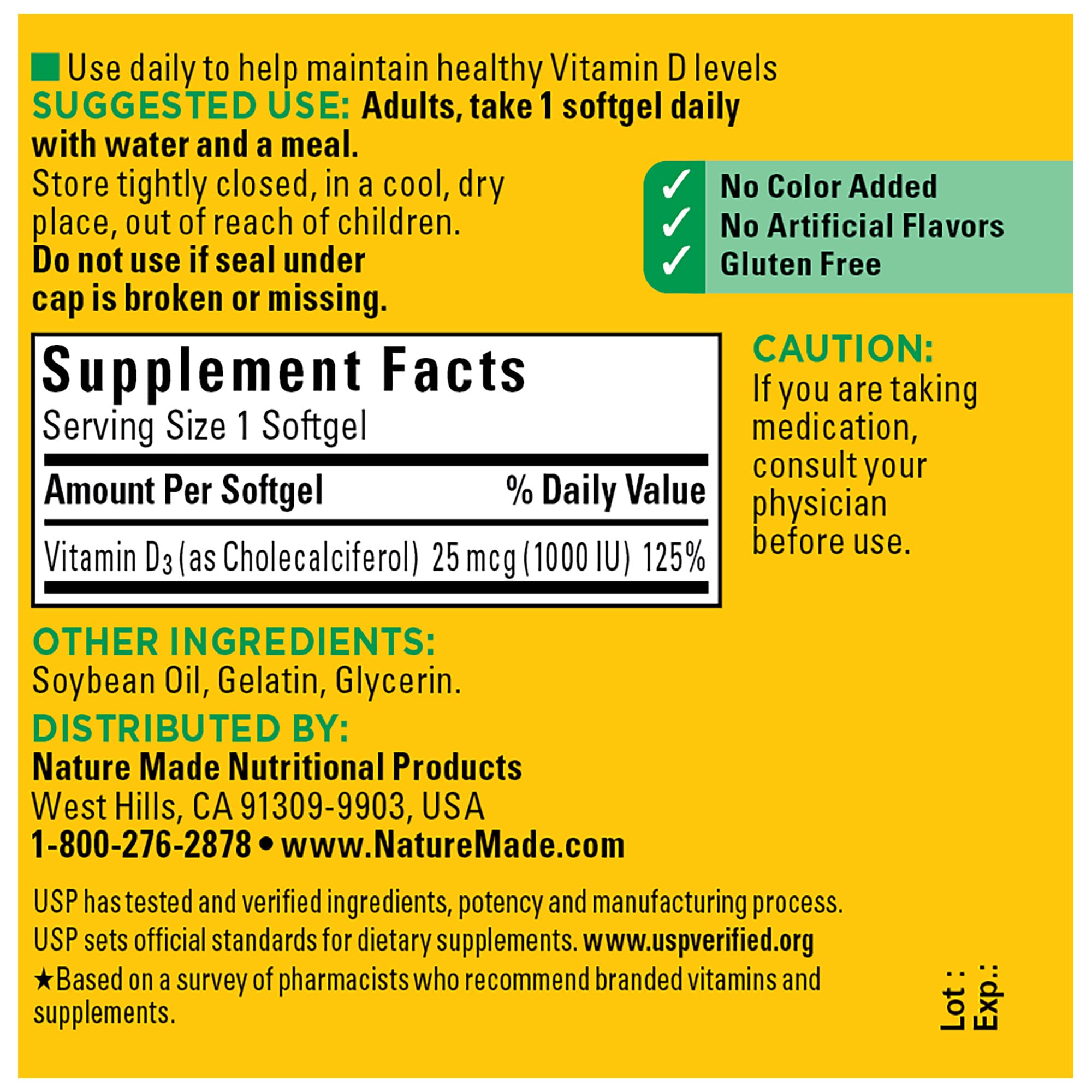 Nature Made Vitamin D3 1000 IU (25 mcg), Dietary Supplement for Bone, Teeth, Muscle and Immune Health Support, 100 Softgels, 100 Day Supply