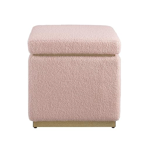 Linon Blush Sherpa Lexington Upholstered Square Storage Ottoman with Pine Wood Accent