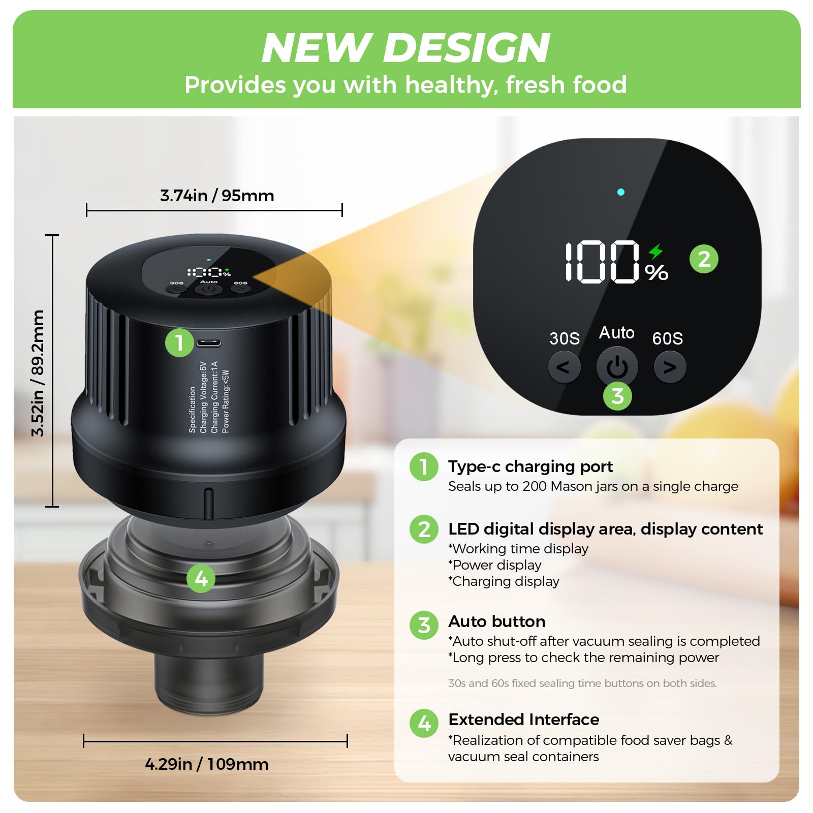 YANOY Electric Mason Jar Vacuum Sealer Kit for Wide Mouth and Regular Mouth Mason Jars, Food Saver Bags & Vacuum Seal Containers, ๐ฎ๐ฌ๐ฎ๐ฐ ๐๐ฆ๐๐ซ๐ญ ๐๐ฉ๐ ๐ซ๐๐๐ - ๐๐ฅ๐๐๐ค ๐๐ซ๐จ