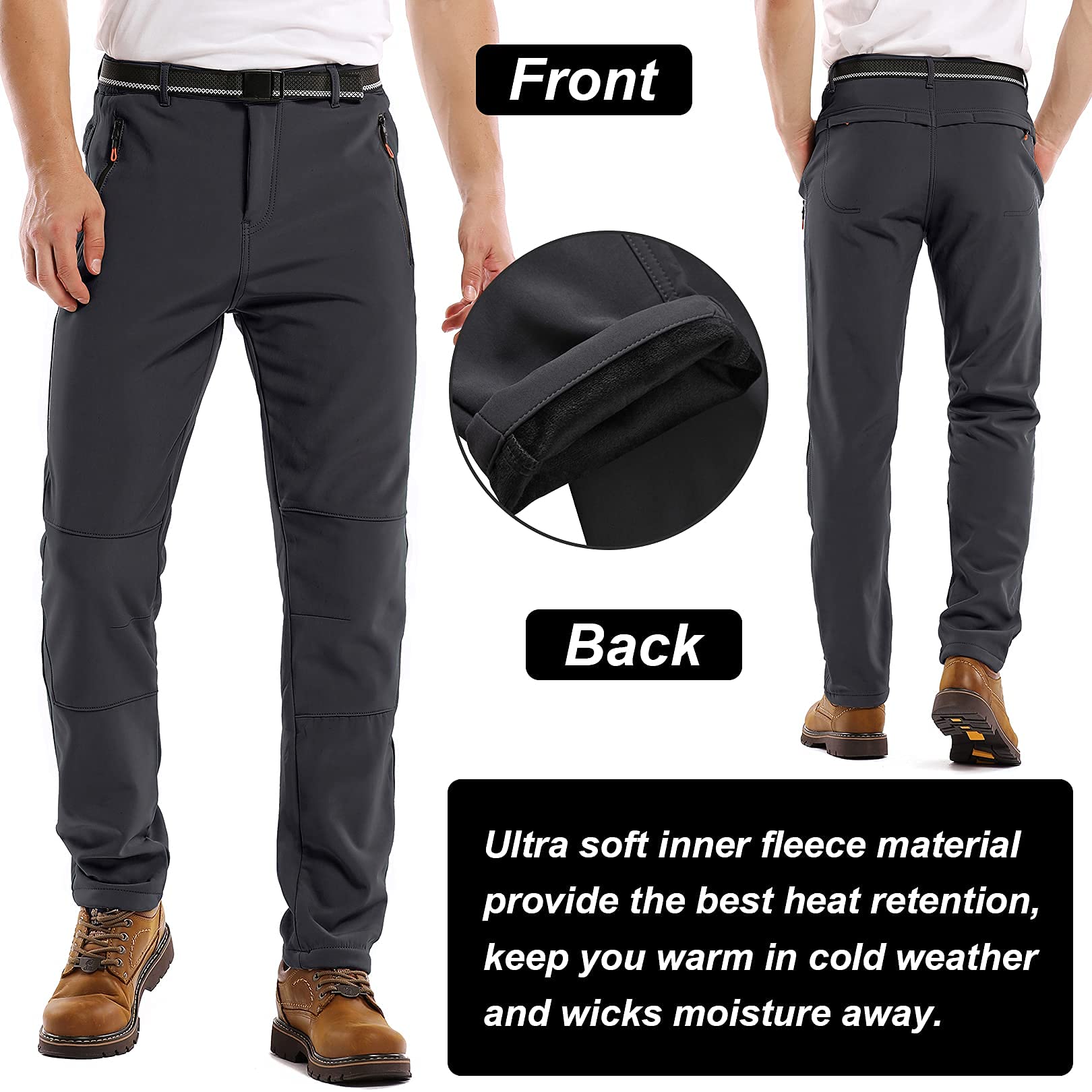 linlon Men's Snow Ski Waterproof Fleece Lined Pants Outdoor Hiking Insulated Softshell with Belt (Grey, 30)
