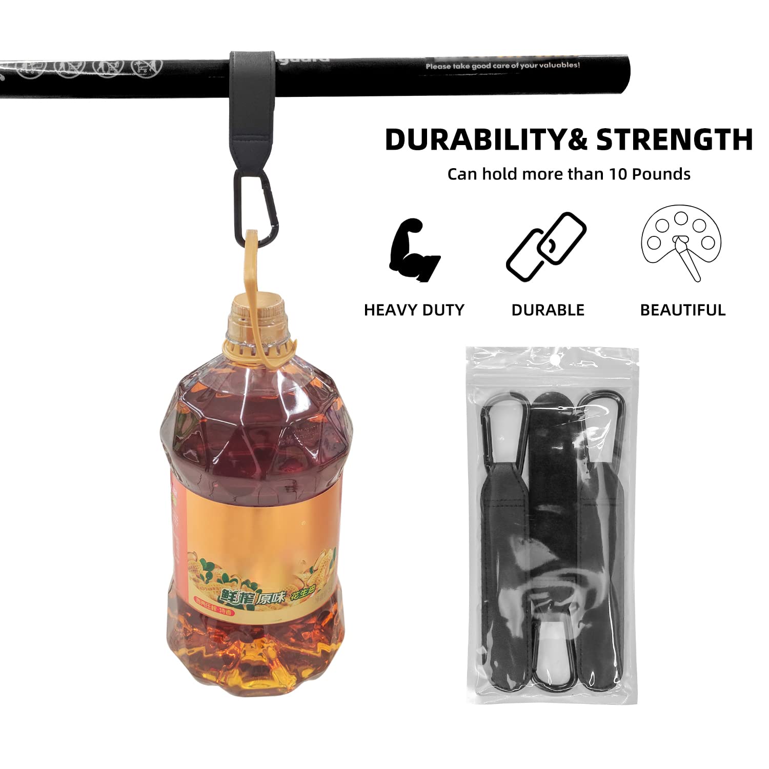 Stroller Hooks for Hanging Bags and Shopping - Premium Leather Universal Stroller Clips for Diaper Bags Grocery Shopping Bags, Baby Stroller Straps Hook 3 Pack (Black)