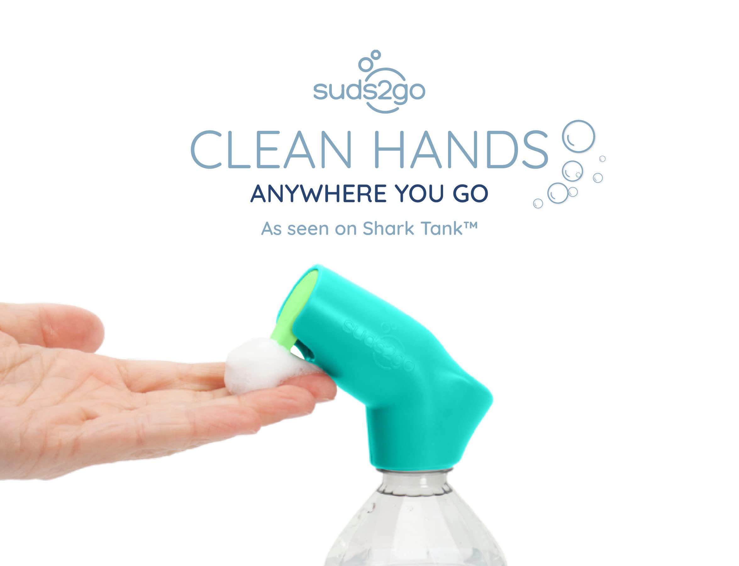 Suds2Go Refillable Caps, 2 Pack - Universal Fit Turns Most Disposable Water Bottles Into A Hand Washing Station - Includes Refillable Soap Reservoir - Conveniently Sized to Take on The Go - Teal
