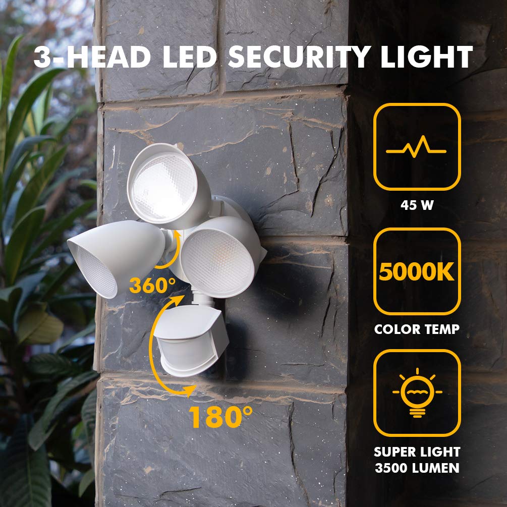 LUTEC 3500 Lumen 45 Watt 45 LED Motion Activated Integrated Triple-Head Floodlight Outdoor, Waterproof Exterior Security Wall Light for Patio, Garden, Yard-White