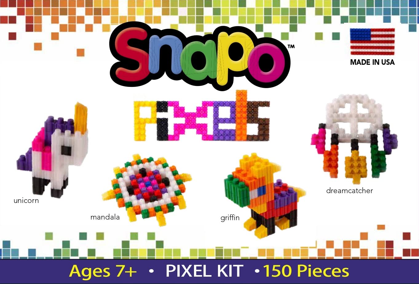 Snapo Pixels 150pcs Blocks 7 Years and Up - Six-Sided Interlocking Pixel Assembly Blocks to Build Creatures and Objects - Unisex STEM Toys for 7-Year-Old Boys and Girls (150pcs)