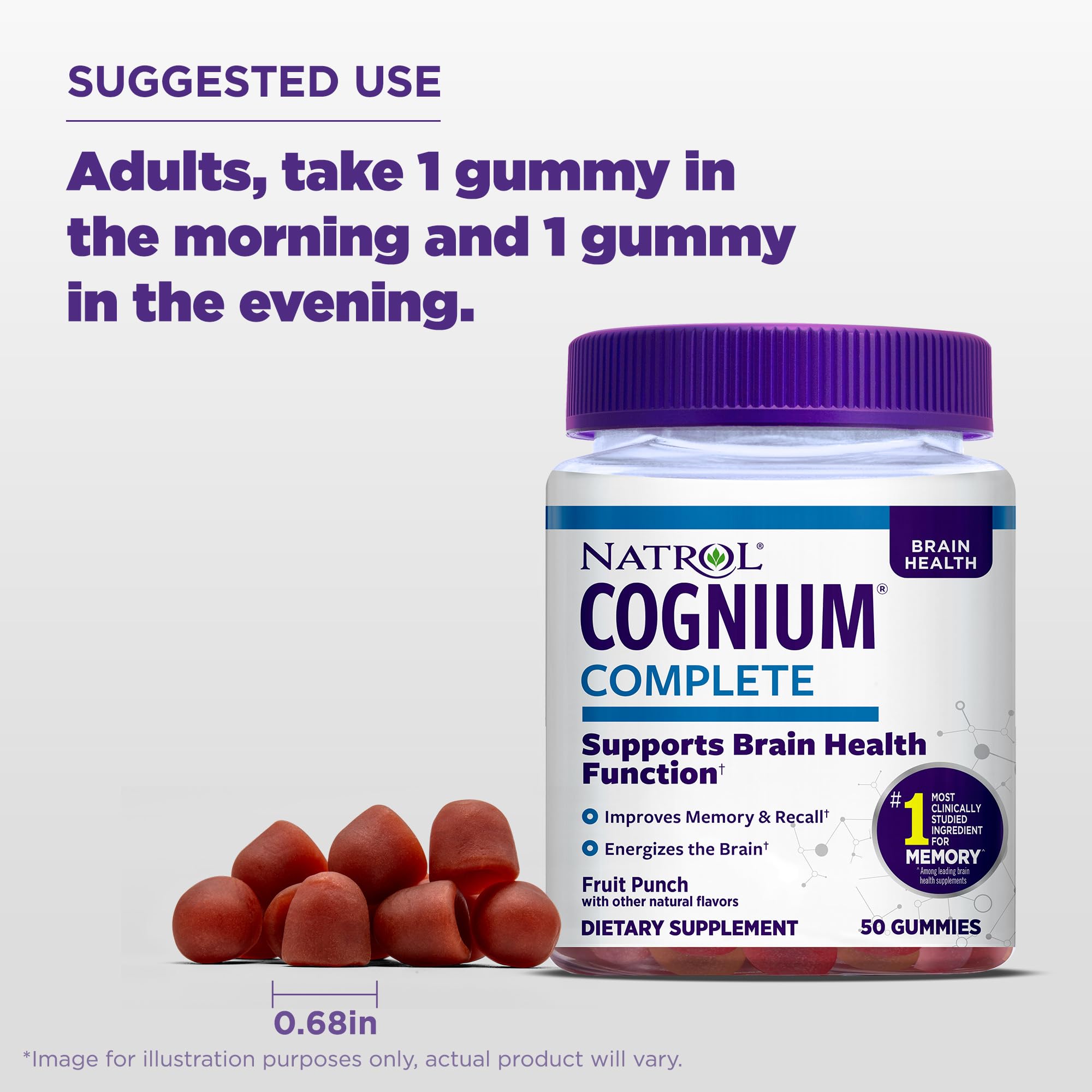 Natrol Cognium Complete Gummies, Brain Health Support, Improves Memory & Clarity, Fruit Punch Flavored Dietary Supplement, Drug Free, 100mg, 50 Gummies