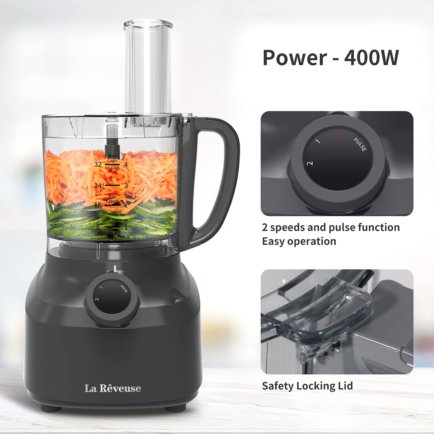 La Reveuse 4-Cup Food Processor Vegetable Chopper for Slicing,Shredding,Grating,Juicing,Emulsfying,Mixing,400 Watts