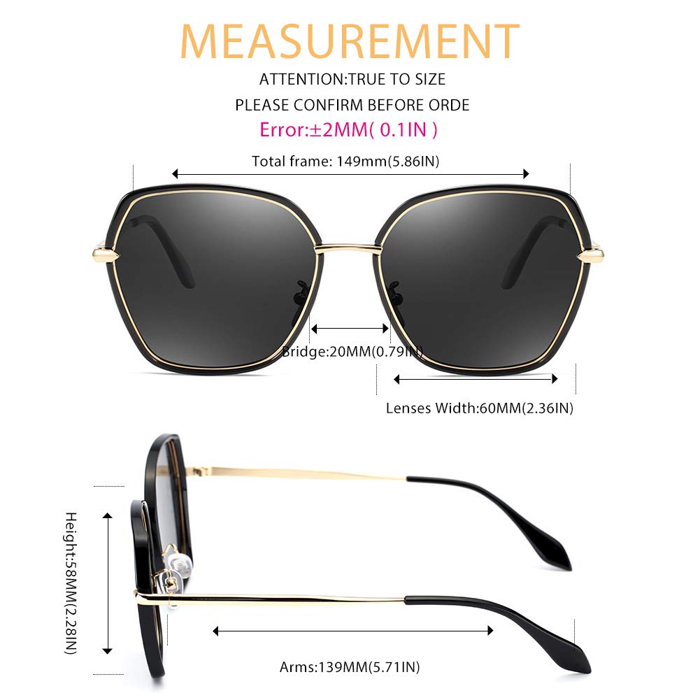LIKSMU Oversized Polarized Sunglasses for Women Polarized UV Protection Designer Fashion Black Square Big Sun Glasses Black