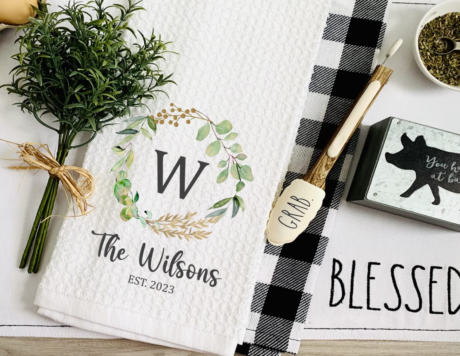 Personalized Wreath Monogram Tea Towel, Waffle Weave Tea Towel, Housewarming Gift, Farmhouse Decor, Wedding Gift