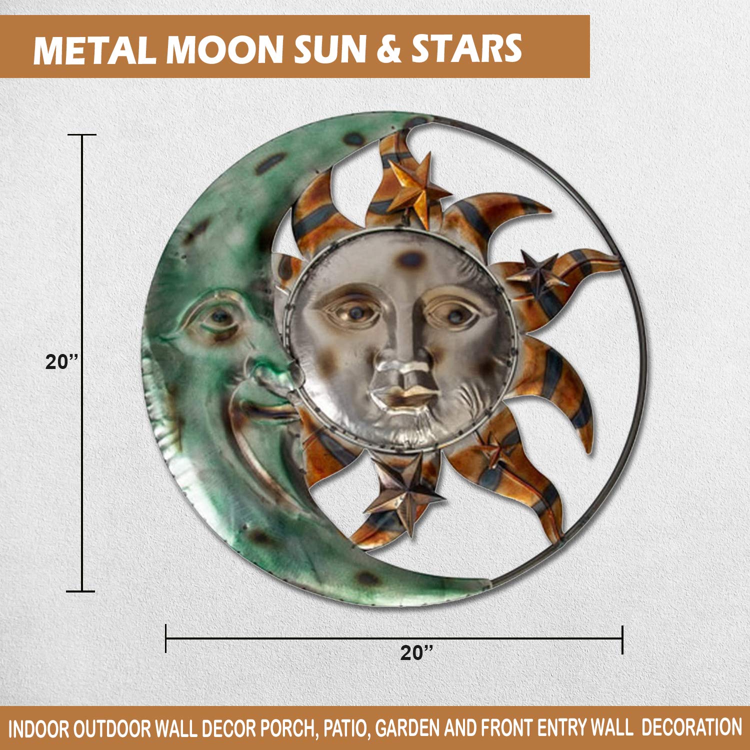 Metal Wall Art Crescent Moon Sun Stars Indoor Outdoor Garden Wall Hanging Decor 20 inches