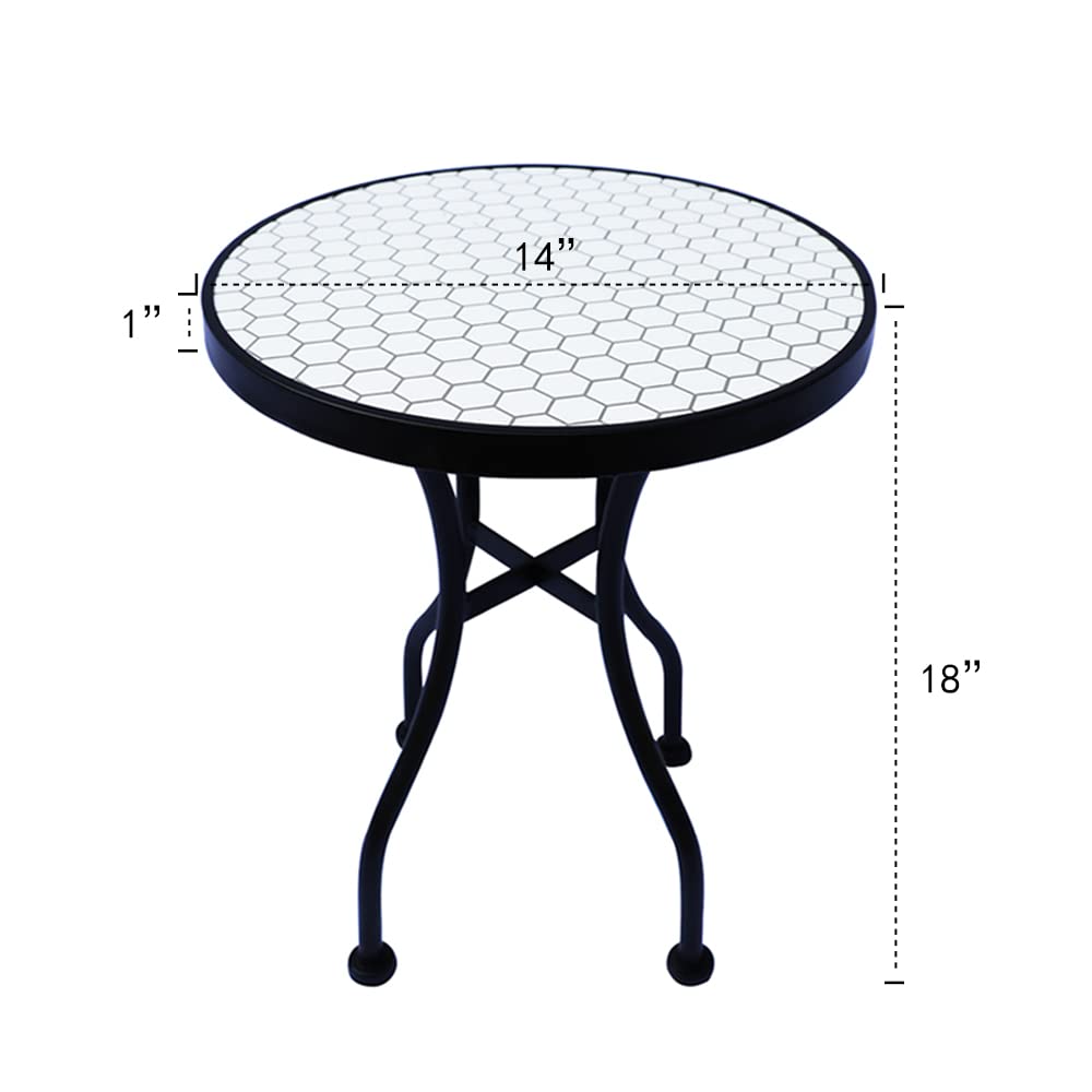 MEMAEMO Outdoor Side Table Round Small End Tables with 14" Ceramic Tile Top Metal Scrollwork Accent Table,Mosaic Coffee Tea Table for Patio, Porch, Garden, Pool (White)
