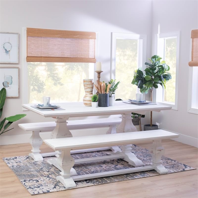 Linon Larson Solid Pine Wood Double Pedestal Dining Bench in Distressed White