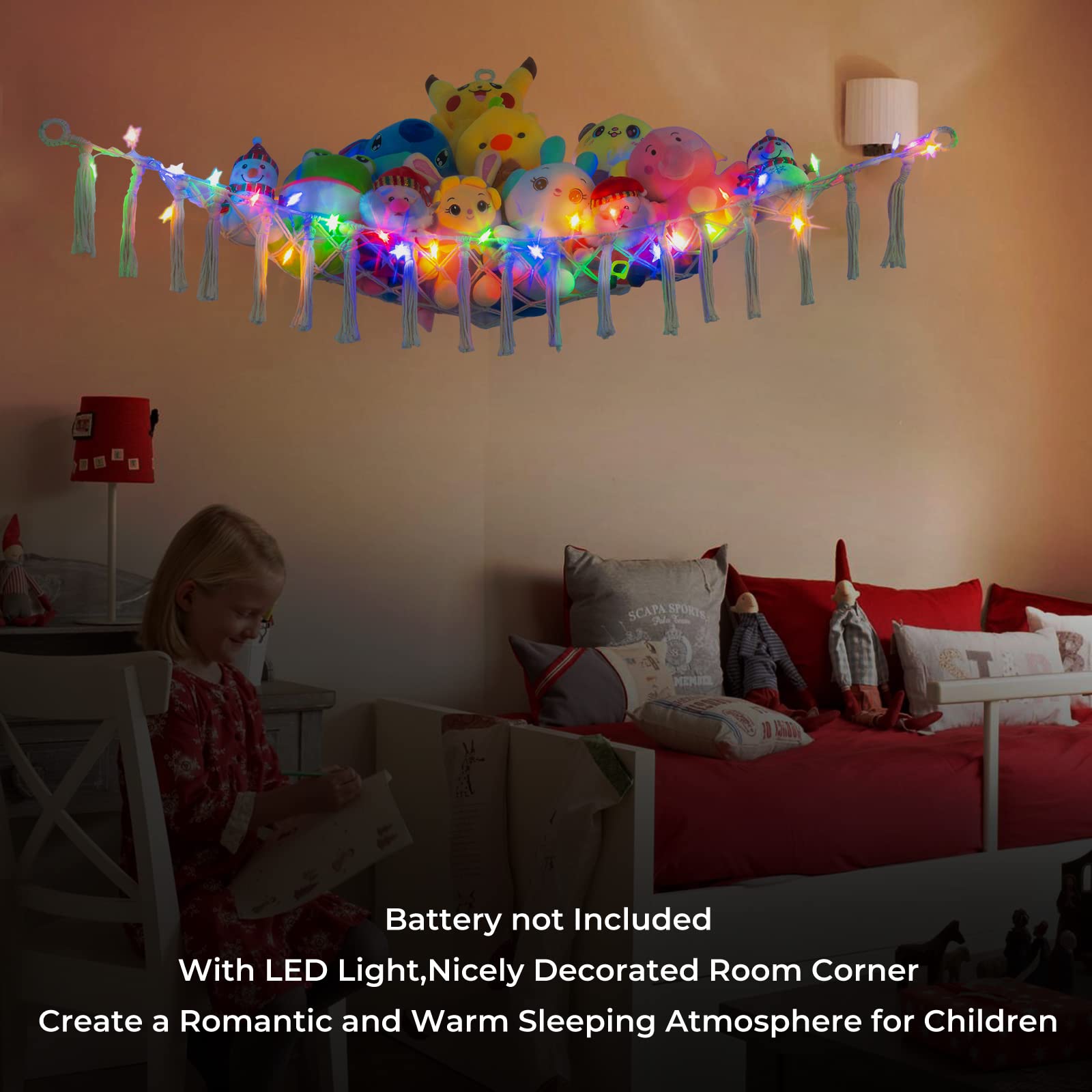 Stuffed Animal Net or Hammock with Led Light - Boho Stuffed Animal Storage Organizer, Plush Toy Hammock Net, Hanging Plushie Net, Toddler Hammock for Nursery Kids Room Decor