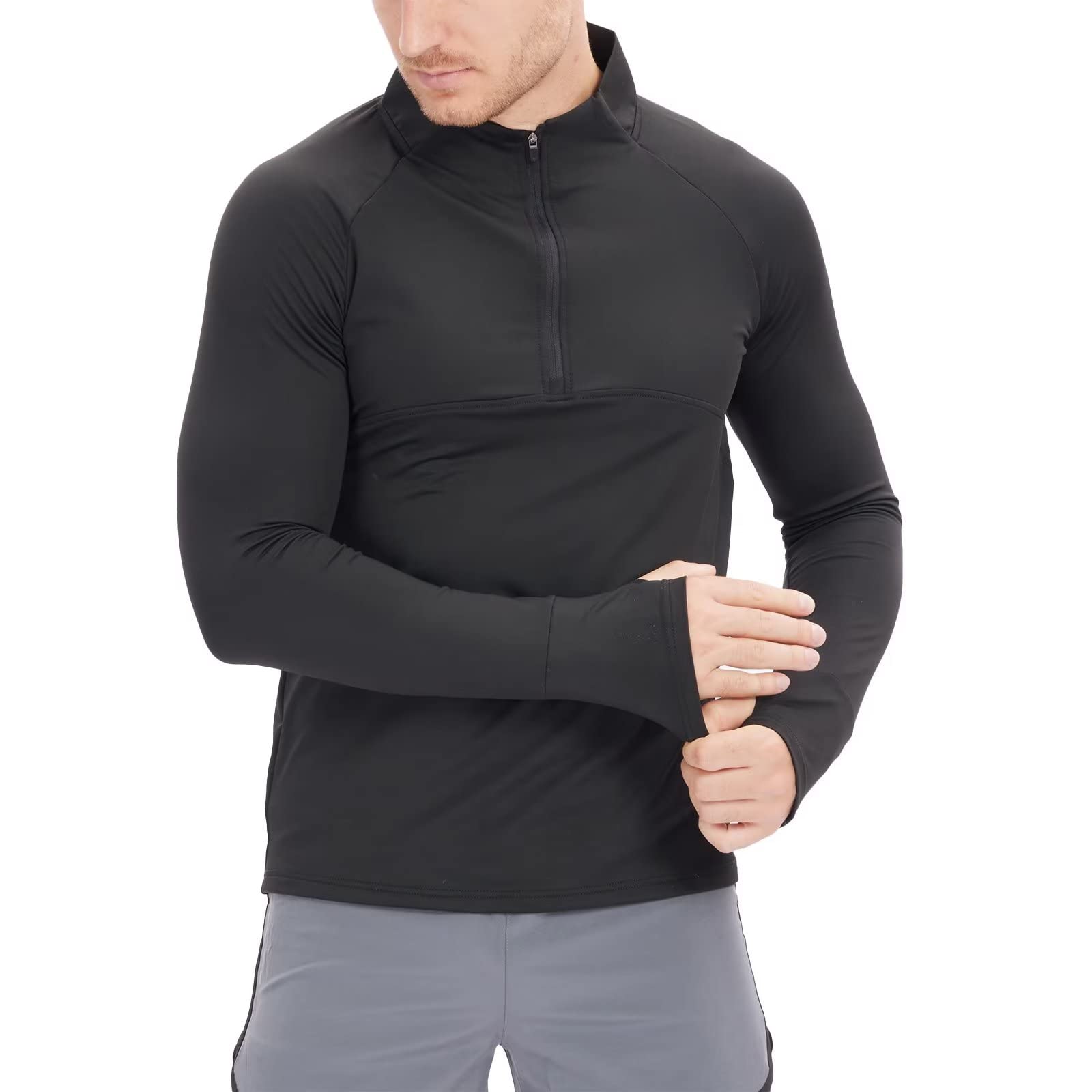 PICKLION Men's 1/4 Zip Long Sleeve Training Top Pullover Quarter Zipper Muscle Athletic Workout Bodybuilding Golf Polo Shirts Black X-Large