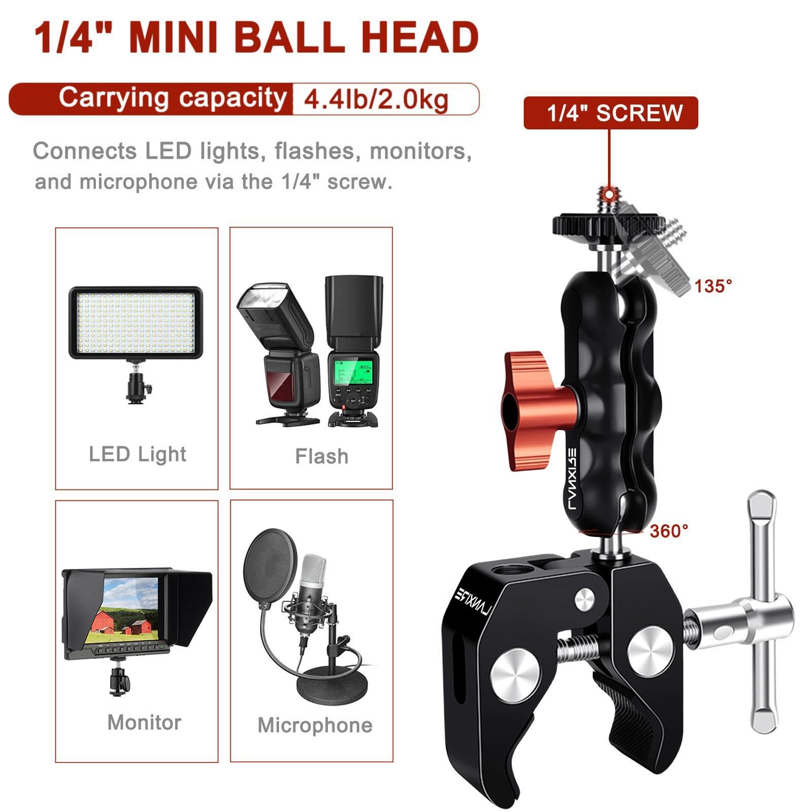 Lanxire Super Clamp Camera Mount with Double Ball Head Adapter - Compatible with Canon Nikon DSLR, Gopro, LED Lights, Ronin-M/MX, Freefly MOVI - 360° Rotation - 1/4"-20 & 3/8"-16 Threaded Holes