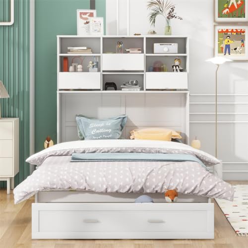 Lekaywe Murphy Bed Queen Size,with Bookcase, Bedside Shelves and a Big Drawer, for Bedroom,White