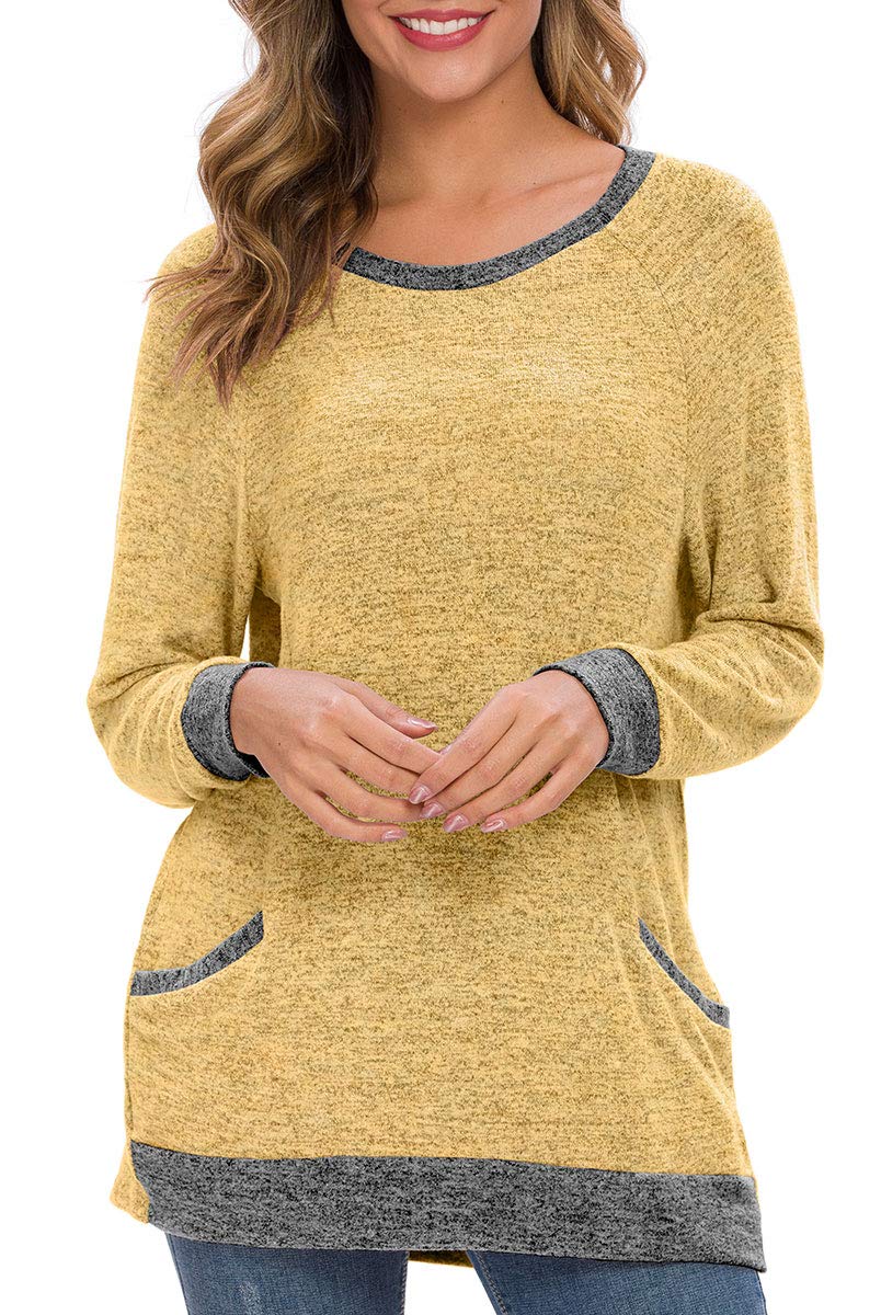 LILBETTER Women's Long Sleeve O-Neck Patchwork Casual Loose T-Shirts Blouse Tunic Tops(Yellow,Medium)