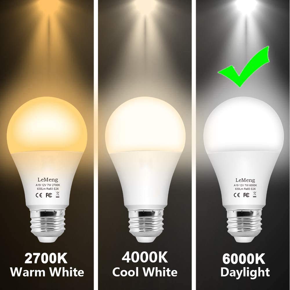 LeMeng 12V LED Light Bulb 7W AC/DC 12volt Low Voltage 60Watt A19 Bulbs Equivalent E26 Base- Landscape RV 12 Volt Battery Power System Off Grid Solar Lighting, 6000K Cool Daylight White, Pack of 3