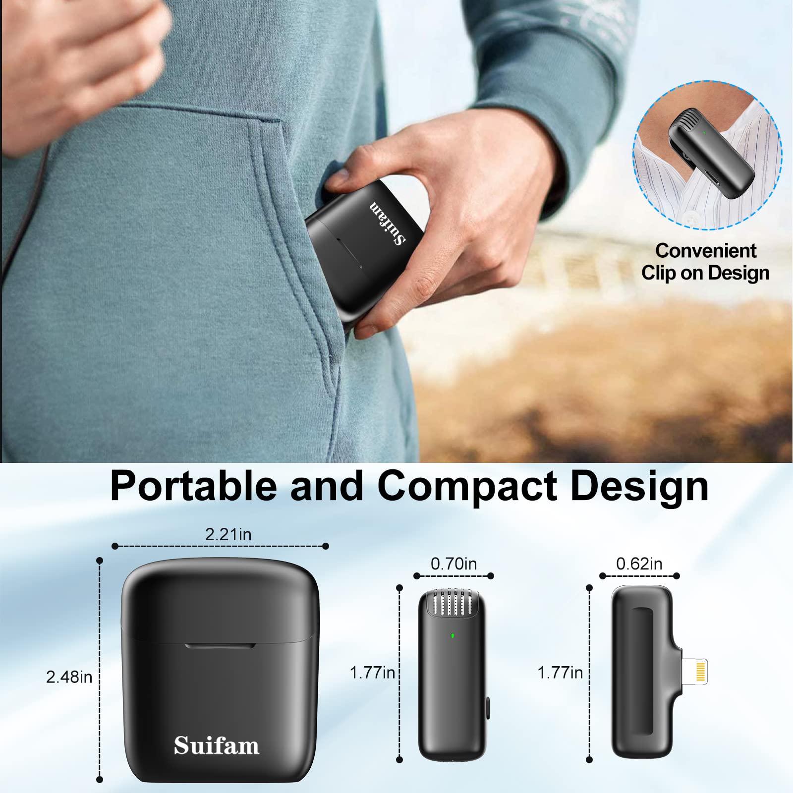 Suifam 2023 Wireless Lavalier Microphone for iPhone and iPad with Long-Lasting Charging Case, 65ft Transmission Range, and 3 Mode Denoise for Vlogging, Interview, and Video Recording