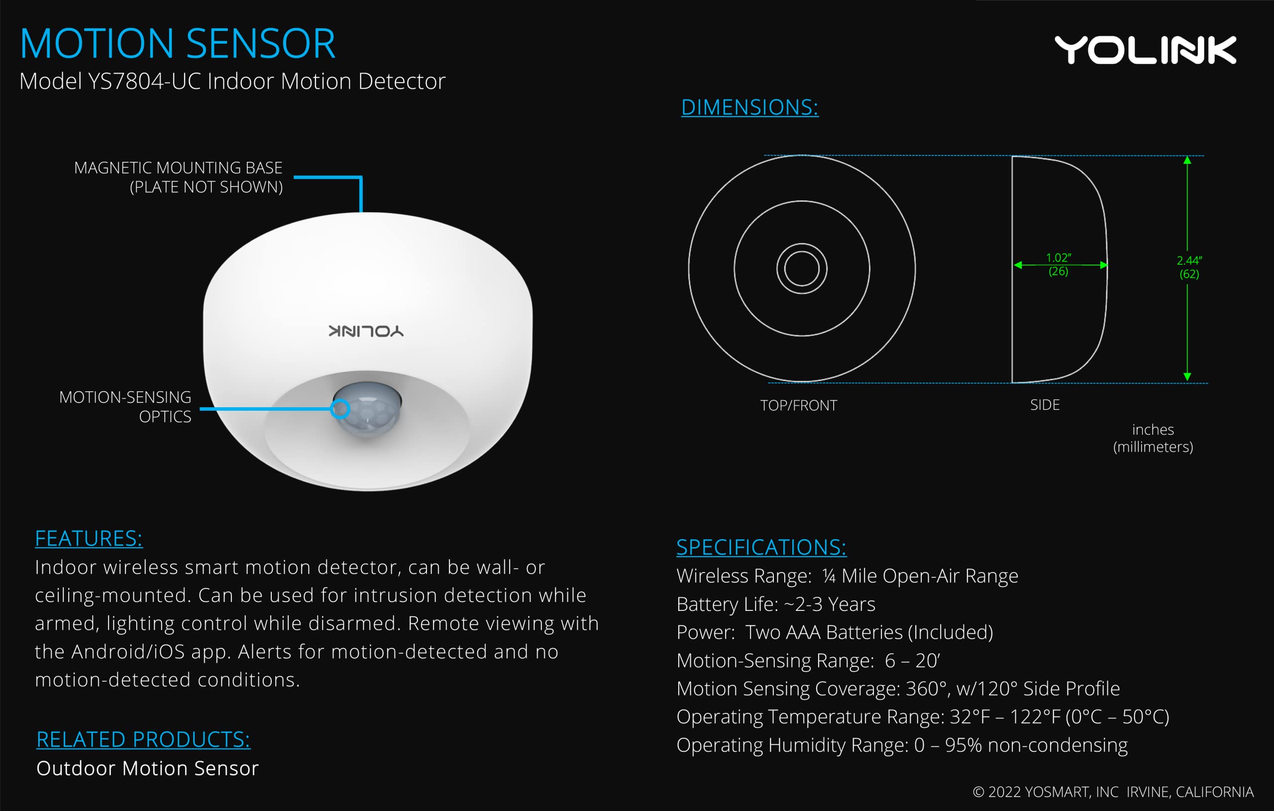YoLink SpeakerHub & One Motion Sensor Smart Home and Security Kit – Audio Hub Plays Tones/Sounds, Spoken Messages, LoRa-Powered ¼ Mile Range, WiFi Required