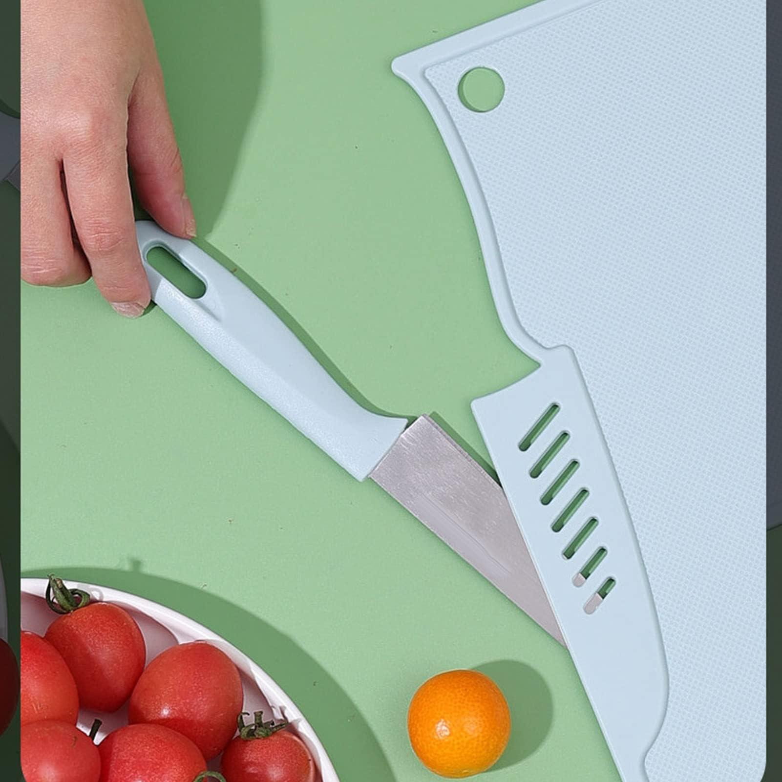 Small Plastic Cutting Board With Knife, Reusable Plastic Utility Cutting Board Multifunctional Portable Fruit Chopping Board with Knife Organizer & Hanging Hole for Kitchen Countertop(blue)