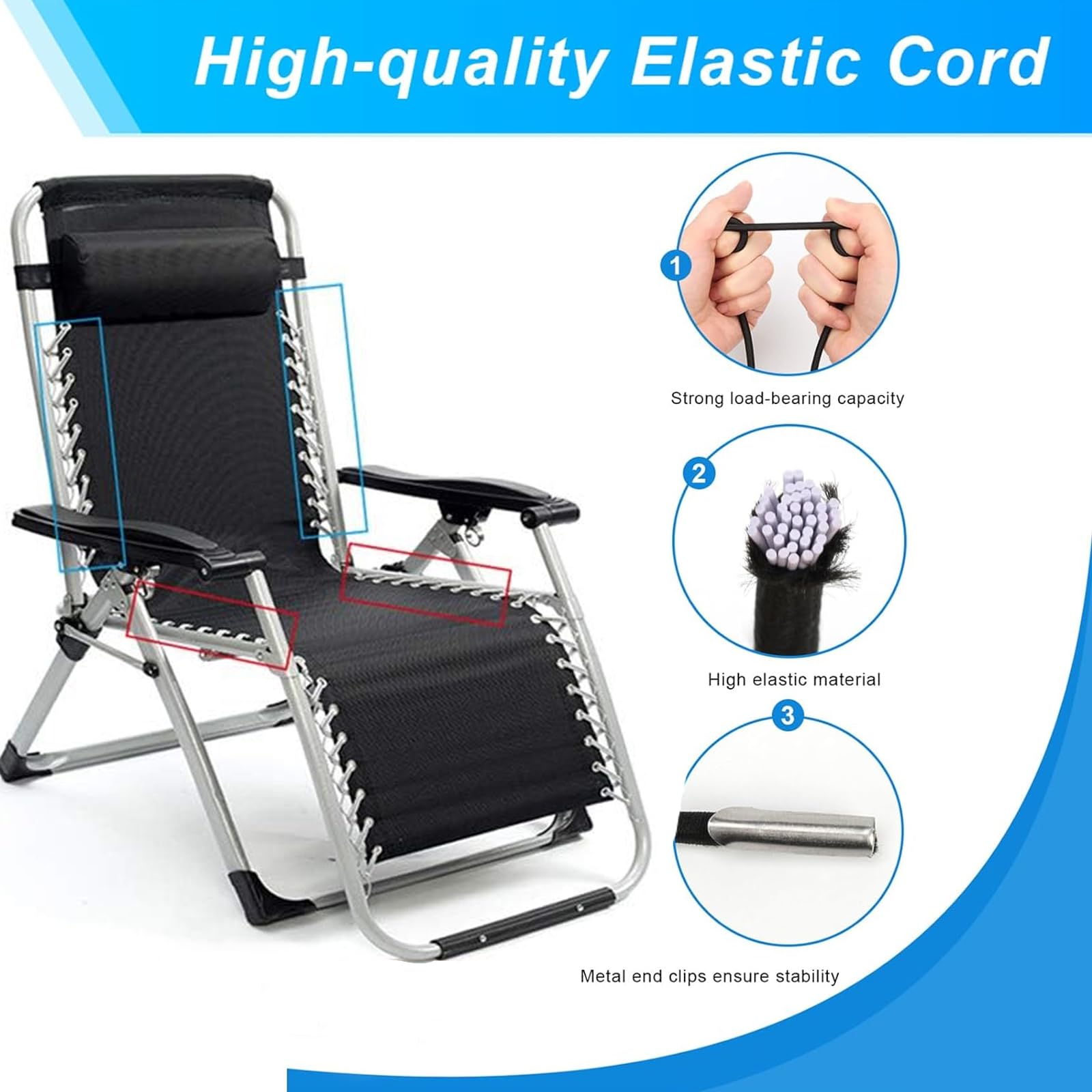 Zero Gravity Chair Replacement Cord Bungee Beach Chair Laces Antigravity Chair Replacement Cords Patio Recliner Chair Repair Cord Professional Nylon Elastic Rope for Outdoor,Lounge Chairs-4 Cords