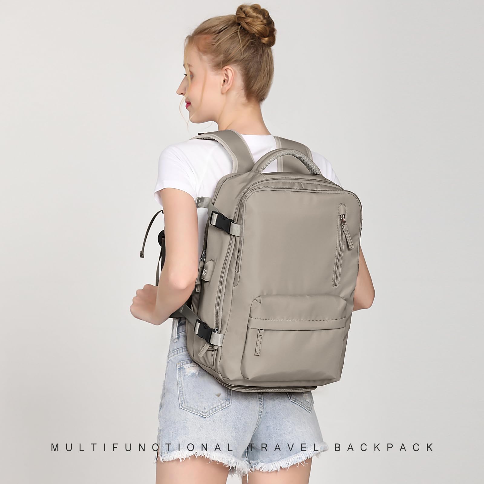 Large Travel Backpack Women, Carry On Backpack, Hiking Backpack Waterproof Outdoor Sports Rucksack Casual Daypack with USB Charging Port Shoes Compartment, Grey Brown