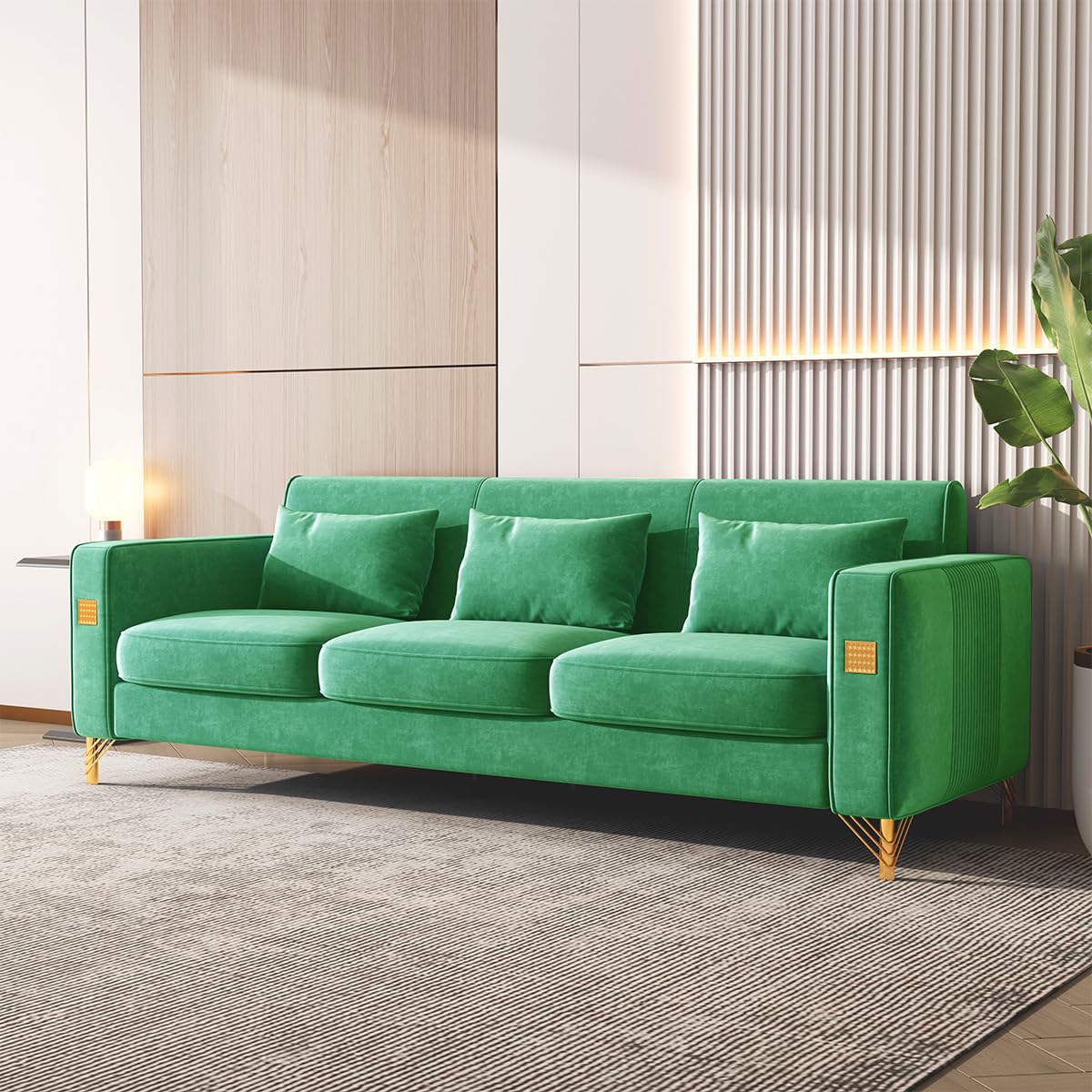 YiaFurio Luxury 3 Seater Sofa Modern Vlevet Couch with Comfortable Armrest & Golden Metal Legs,Comfy Couches with Deep Seat,86.61 Inch Sofas for Living Room Bedroom