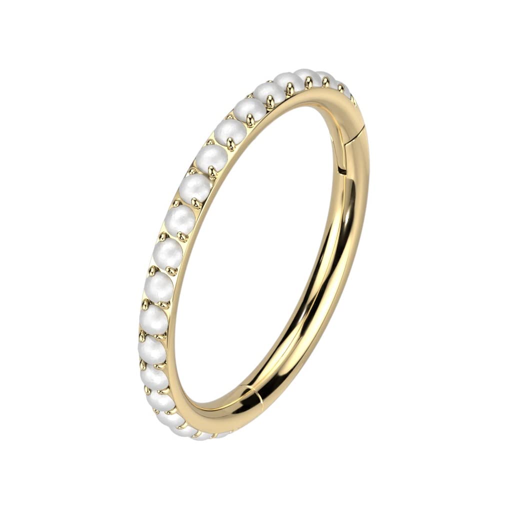 Pierced Owl 16GA F136 Implant Grade Titanium Outward Facing Synthetic Pearl Lined Hinged Segment Ring (Gold Tone)