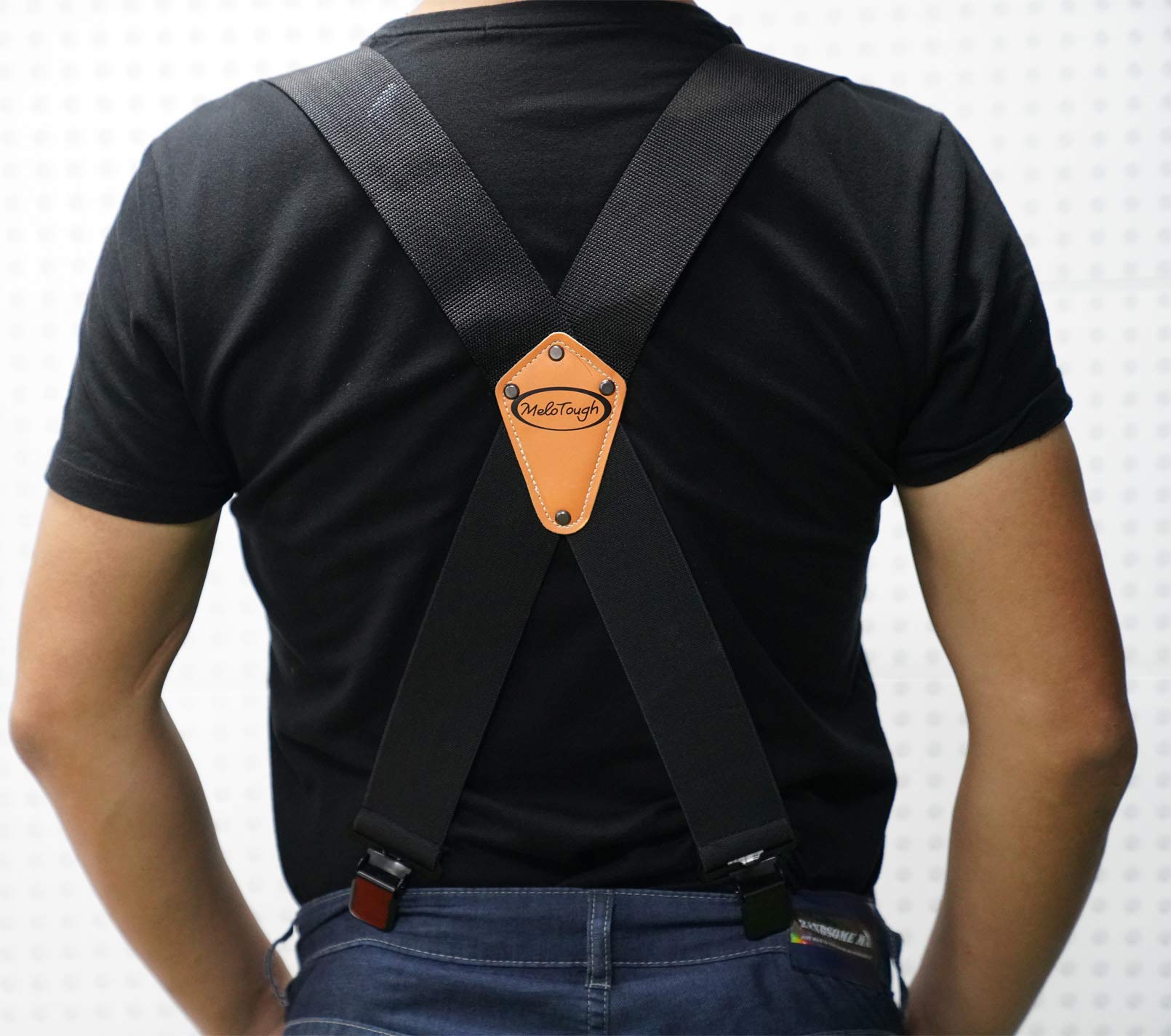 Melo Tough Men's Industrial Strength Suspenders Partial Elastic Tradesperson's Suspenders 2 inch Wide Tool Belt Suspenders (Black)