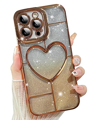 Yeddabox Compatible with iPhone 14 Pro Max Case Heart Phone Case Cute Bling Plating Soft Shockproof Full Camera Protection Bumper Phone Cases for iPhone 14 Pro Max Women Girls Case 6.7" - Glod