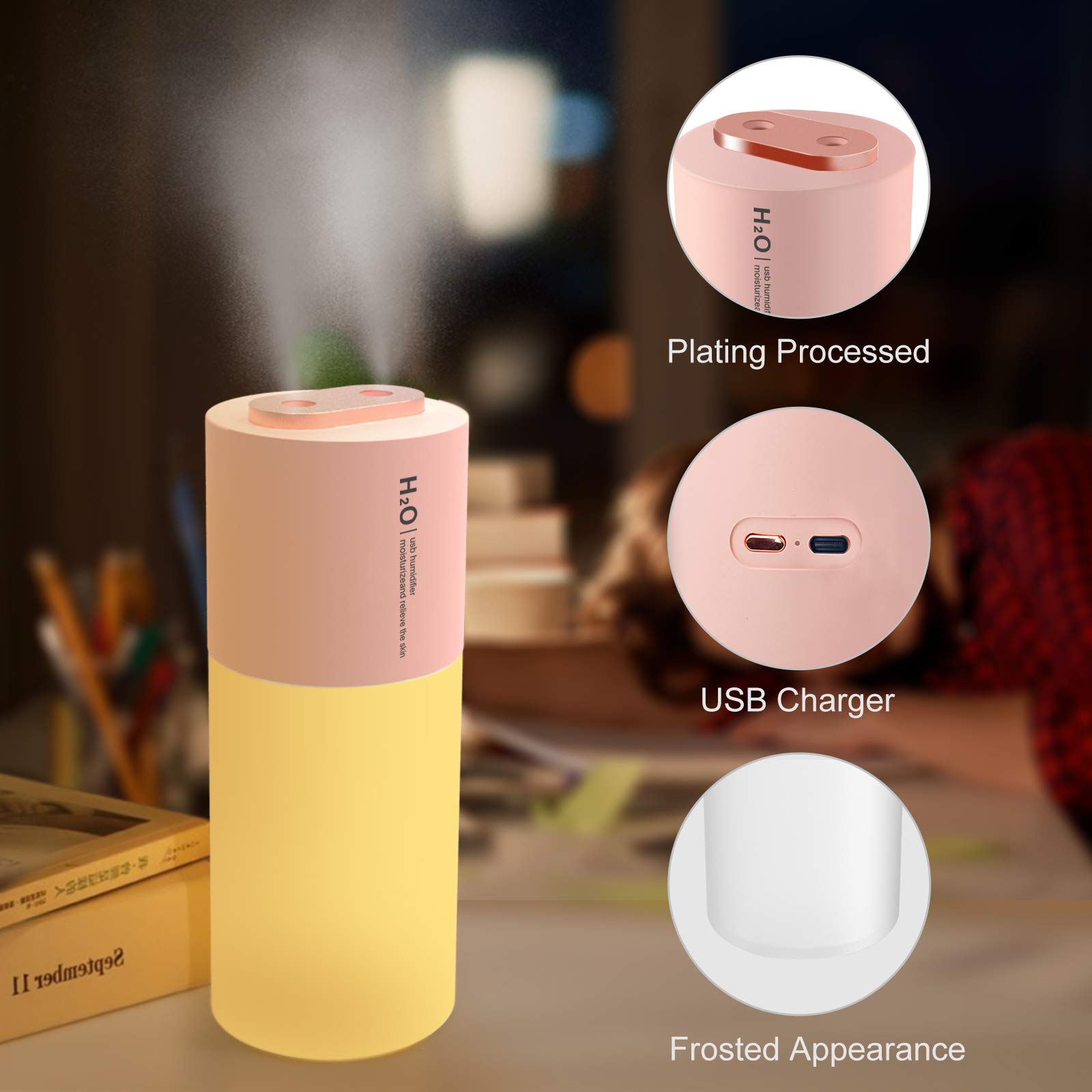 Mini Portable Humidifier for Car Office Desk, 400ML USB Rechargeable Little Cool Mist Humidifier, Cup Holder Car Humidifier Diffuser for Home, Baby Room, Travel