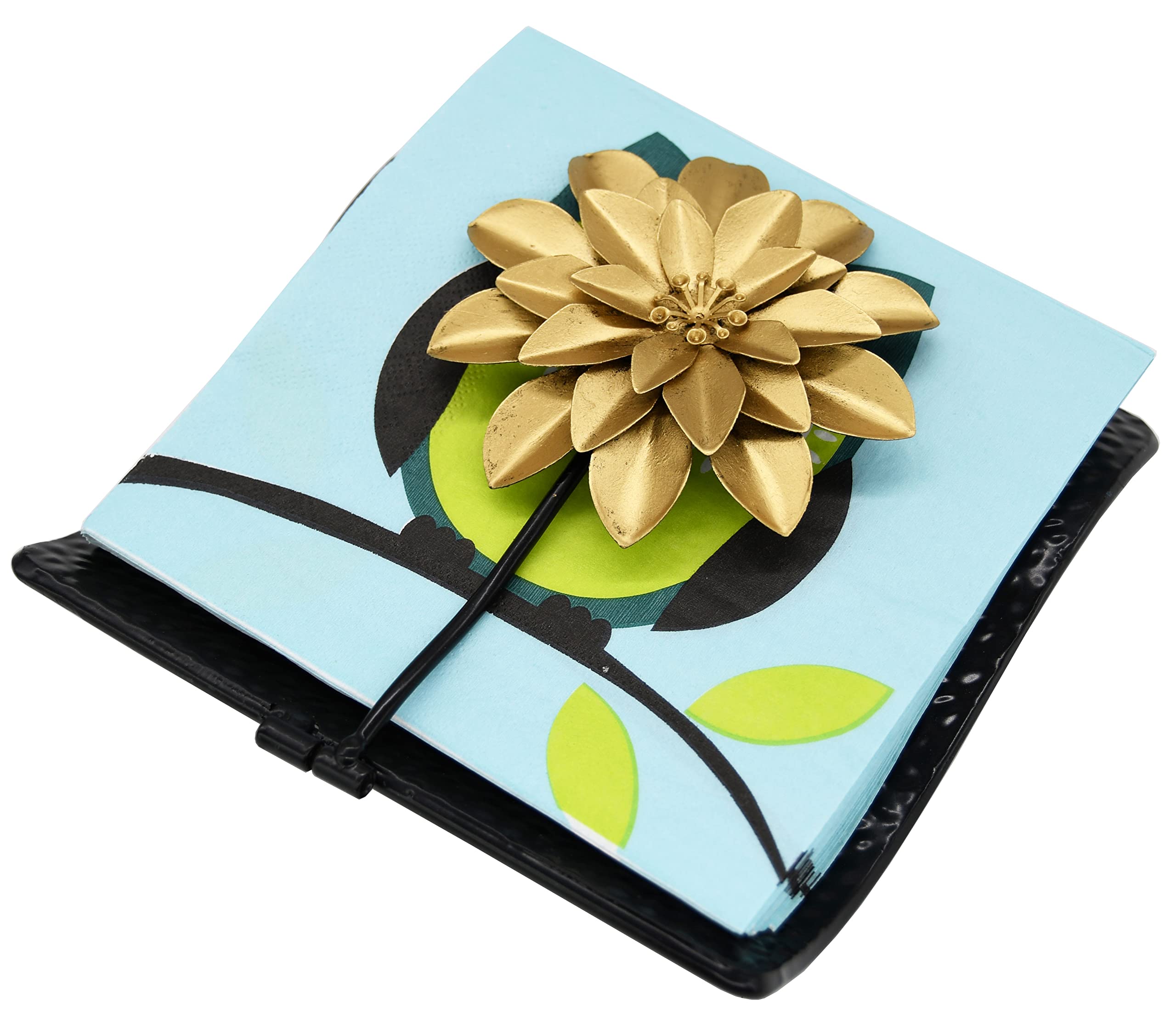 OwlGift Black Flat Napkin Holder w/Golden Flower Weighted Arm, Metal Cocktail Napkin Dispenser, Kitchen Counter Paper Towel Storage, Dining Table Organizer